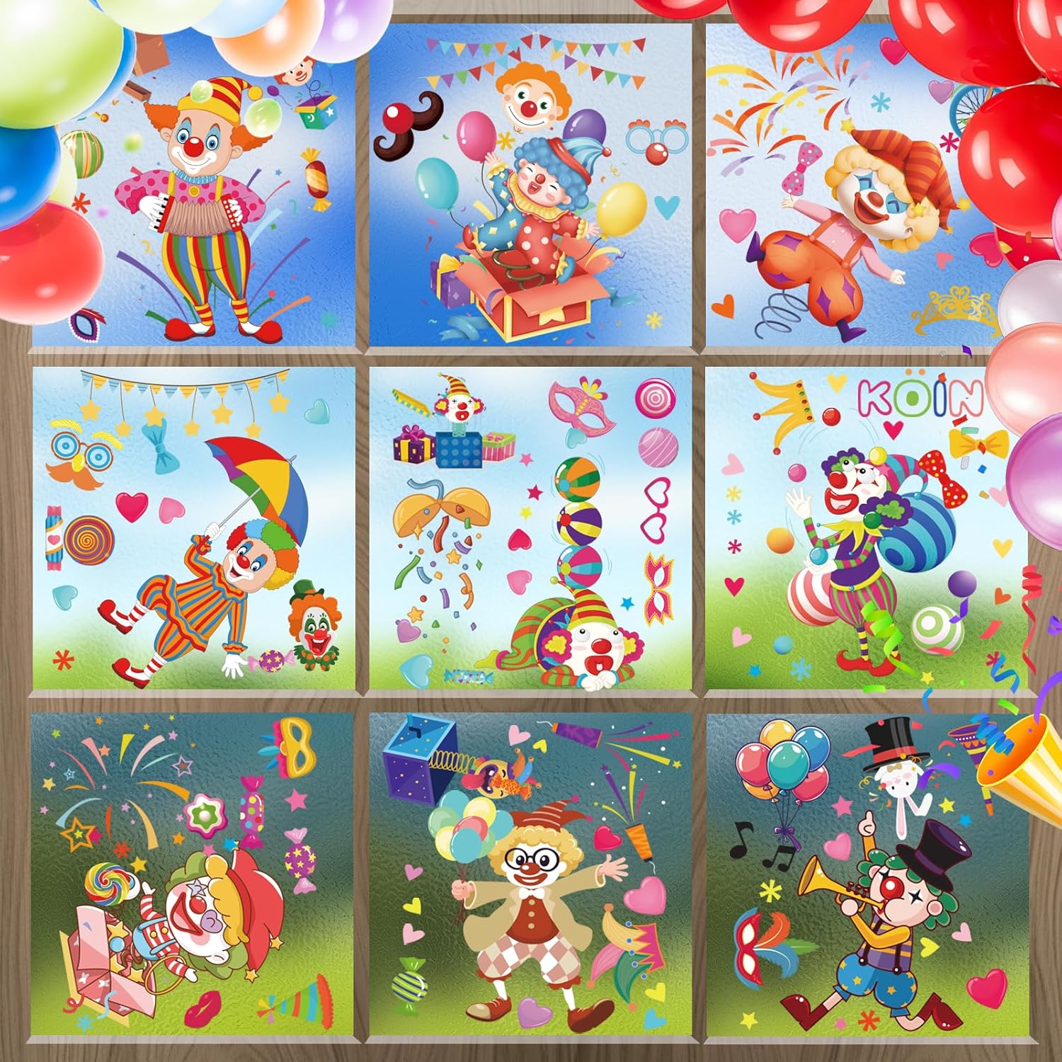 Carnival Decoration, 9 Sheets Window Stickers Self-Adhesive Clown ...