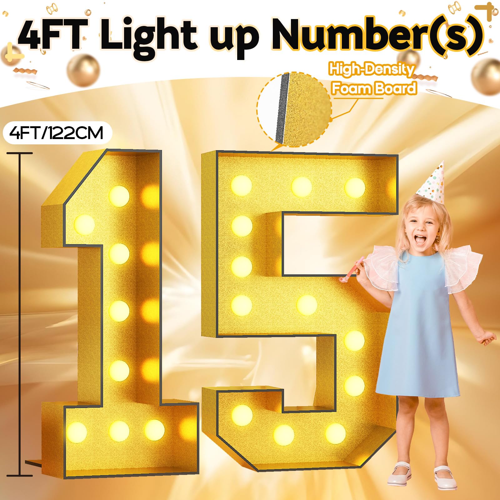 Snapklik.com : Number 15 Marquee, 4FT Light Up Numbers Gold Large Light ...