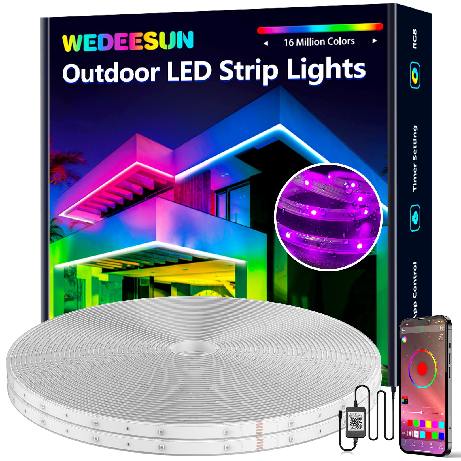 Amazon.com: WEDEESUN 100ft Outdoor Led Strip Lights Waterproof RGB ...