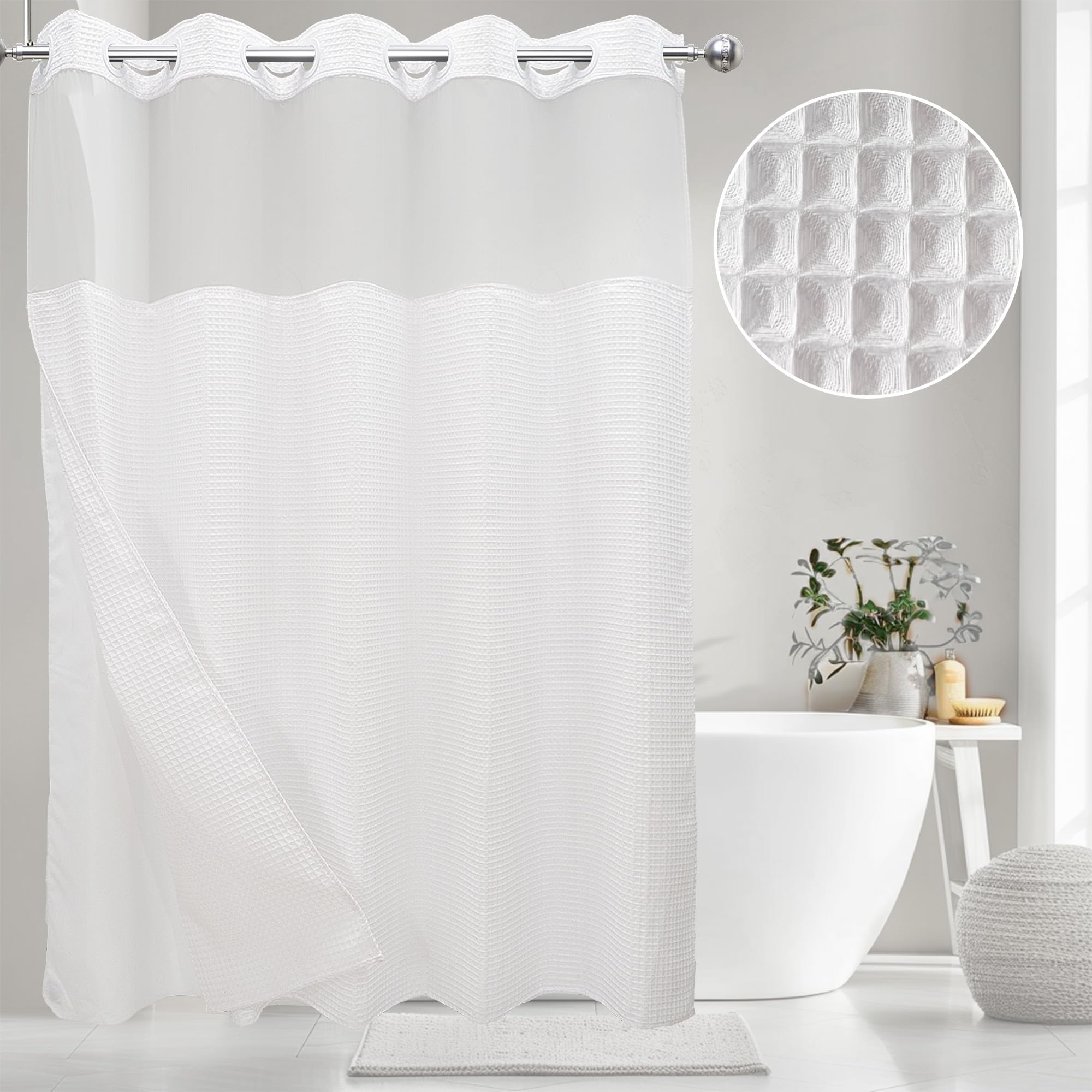 Amazon.com: VIUOON Hookless Waffle Weave Shower Curtain with Snap-in ...