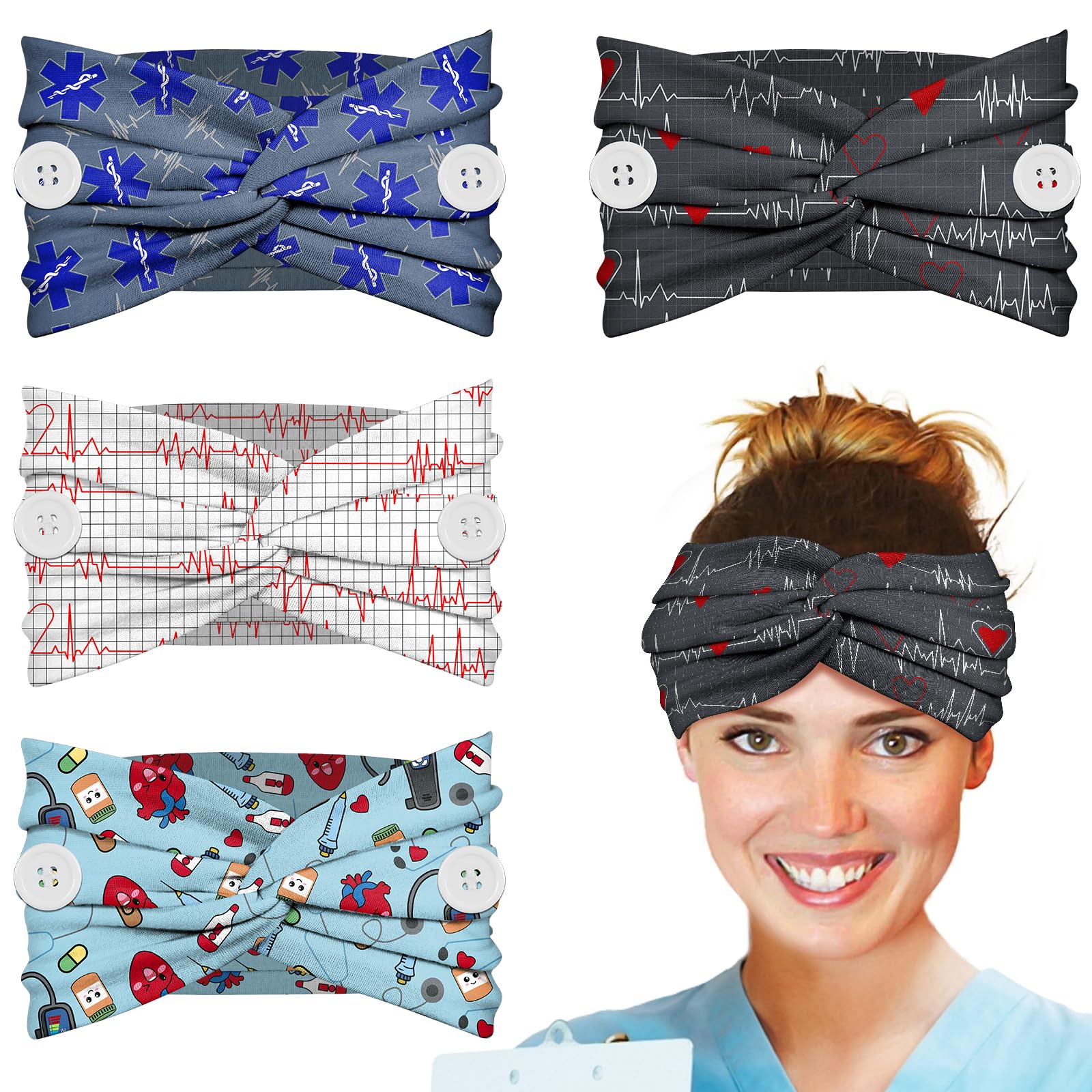 Amazon.com : Plifal 4pcs Nurse Headbands for Women with Buttons Non ...