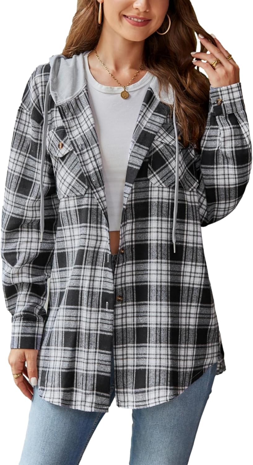 Mingzhu Womens Casual Hooded Flannel Plaid Shirts Button Down Hoodie ...