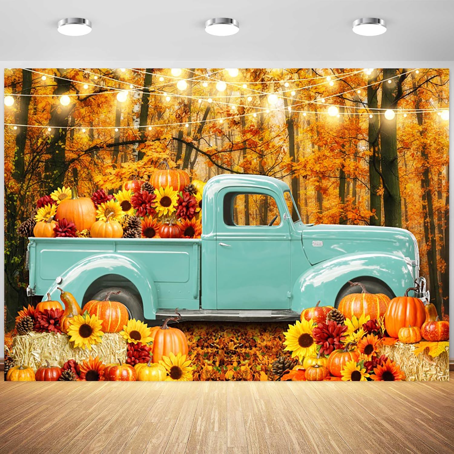Amazon.com : 7x5ft Fall Forest Backdrop Autumn Harvest Pumpkins Teal ...