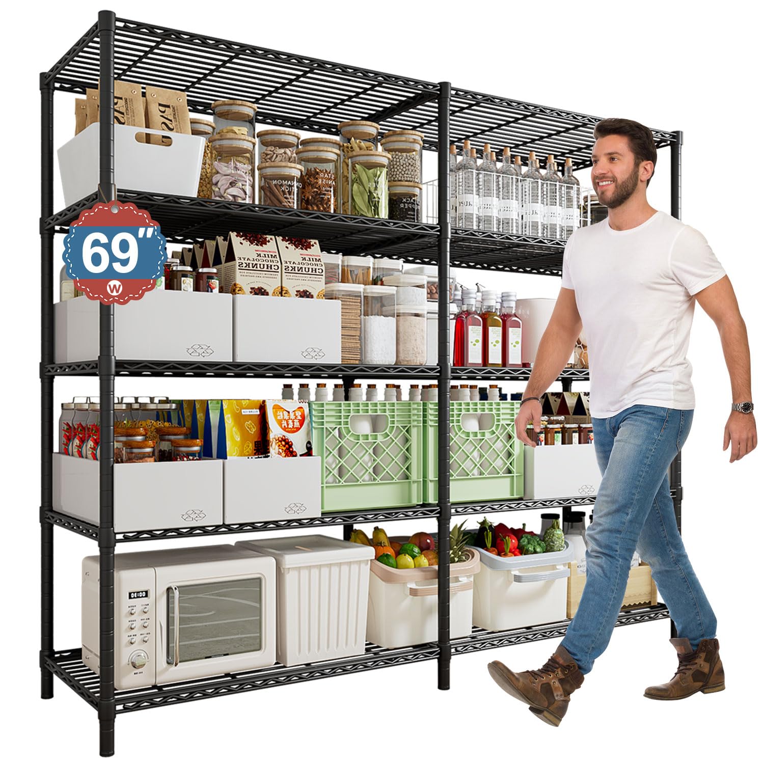 Solerconm 5-Shelf 69”W Storage Shelves,Wire Shelving Load 1100LB Heavy ...