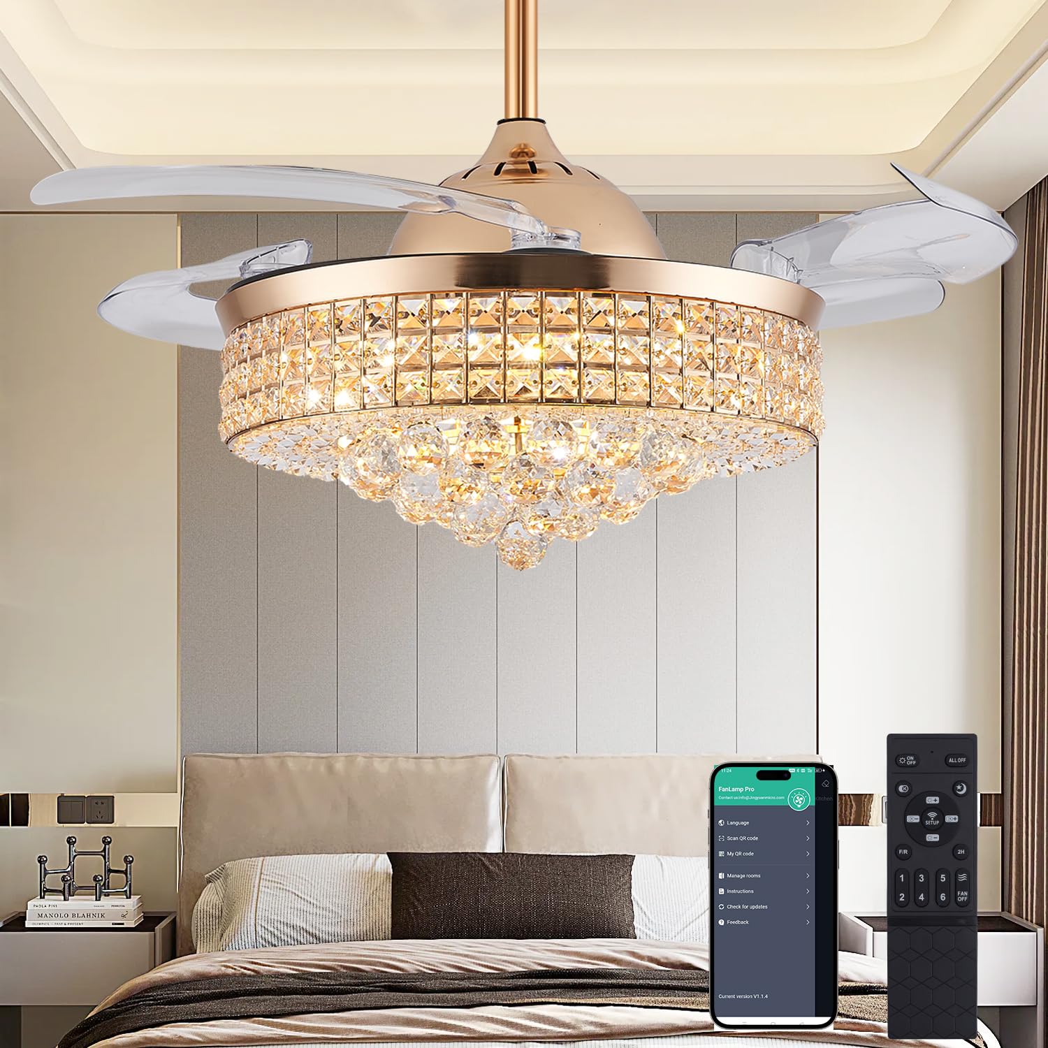 Snapklik.com : Trssdre 36" Dimmable Gold Fandelier Crystal LED Ceiling Fans