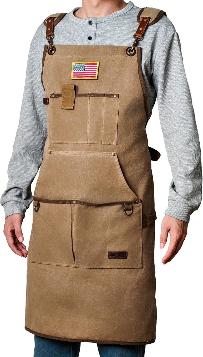 fibrosafe Tool Apron for Men, Waxed-Canvas Heavy-Duty Woodworking Apron ...
