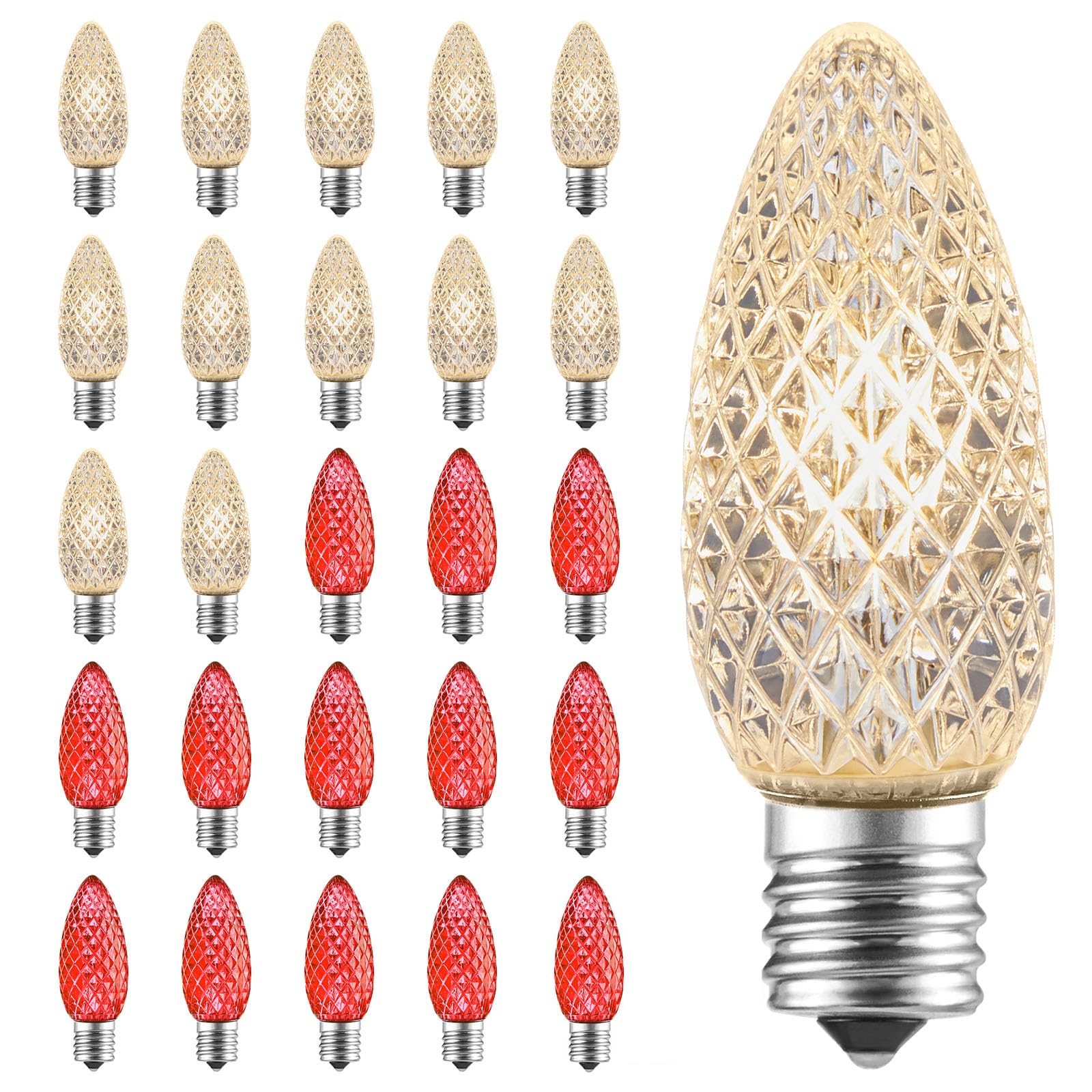 25 Pack C9 Led Replacement Christmas Light Bulb, Red and Warm White C9 ...