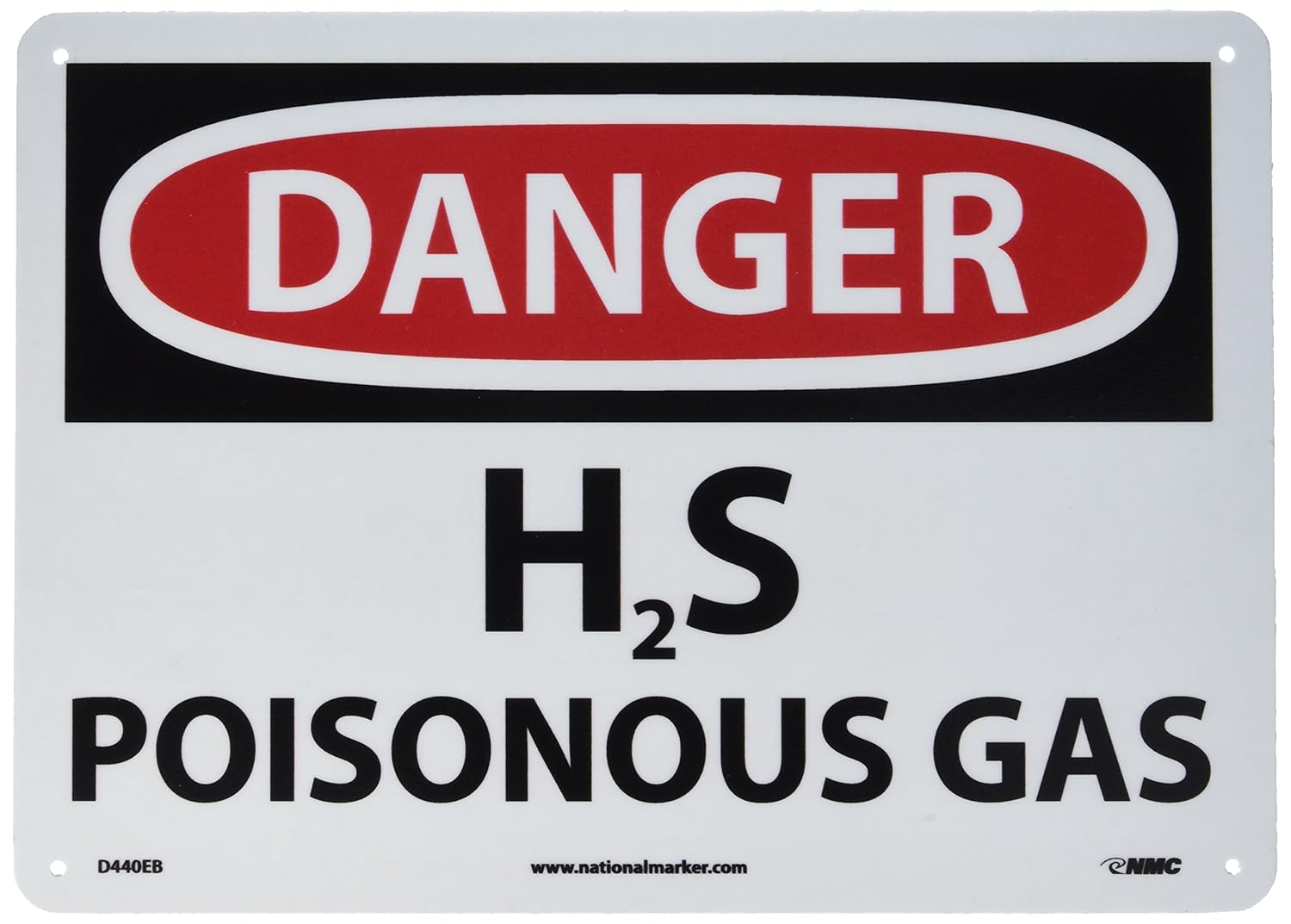 NMC D440EB OSHA Sign, Legend "DANGER - H2S POISONOUS GAS", 14" Length x ...