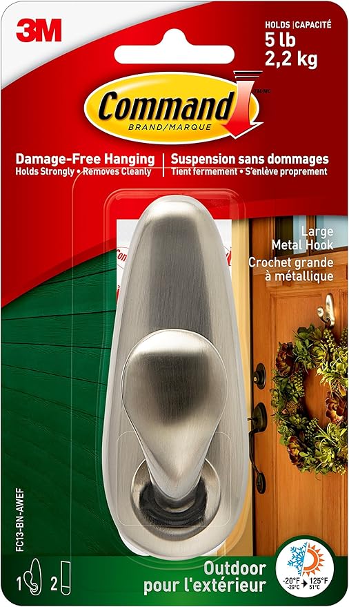 Command Outdoor Metal Hook, 1 Large Wall Hook 2 Water Resistant Strips ...