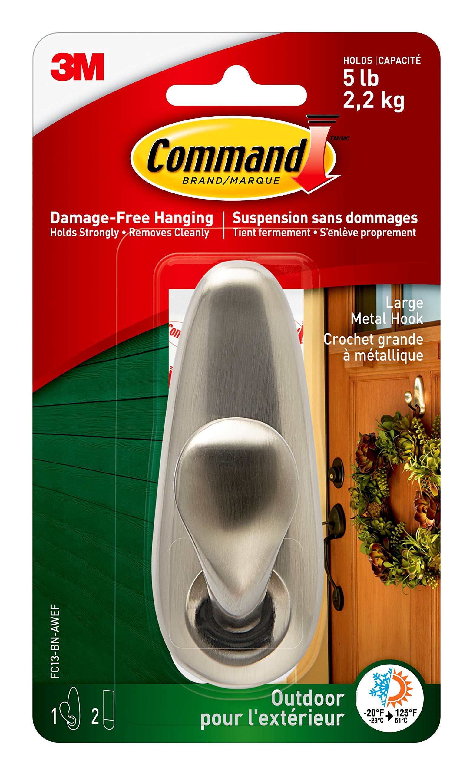 Command Outdoor Metal Hook, 1 Large Wall Hook 2 Water Resistant Strips ...