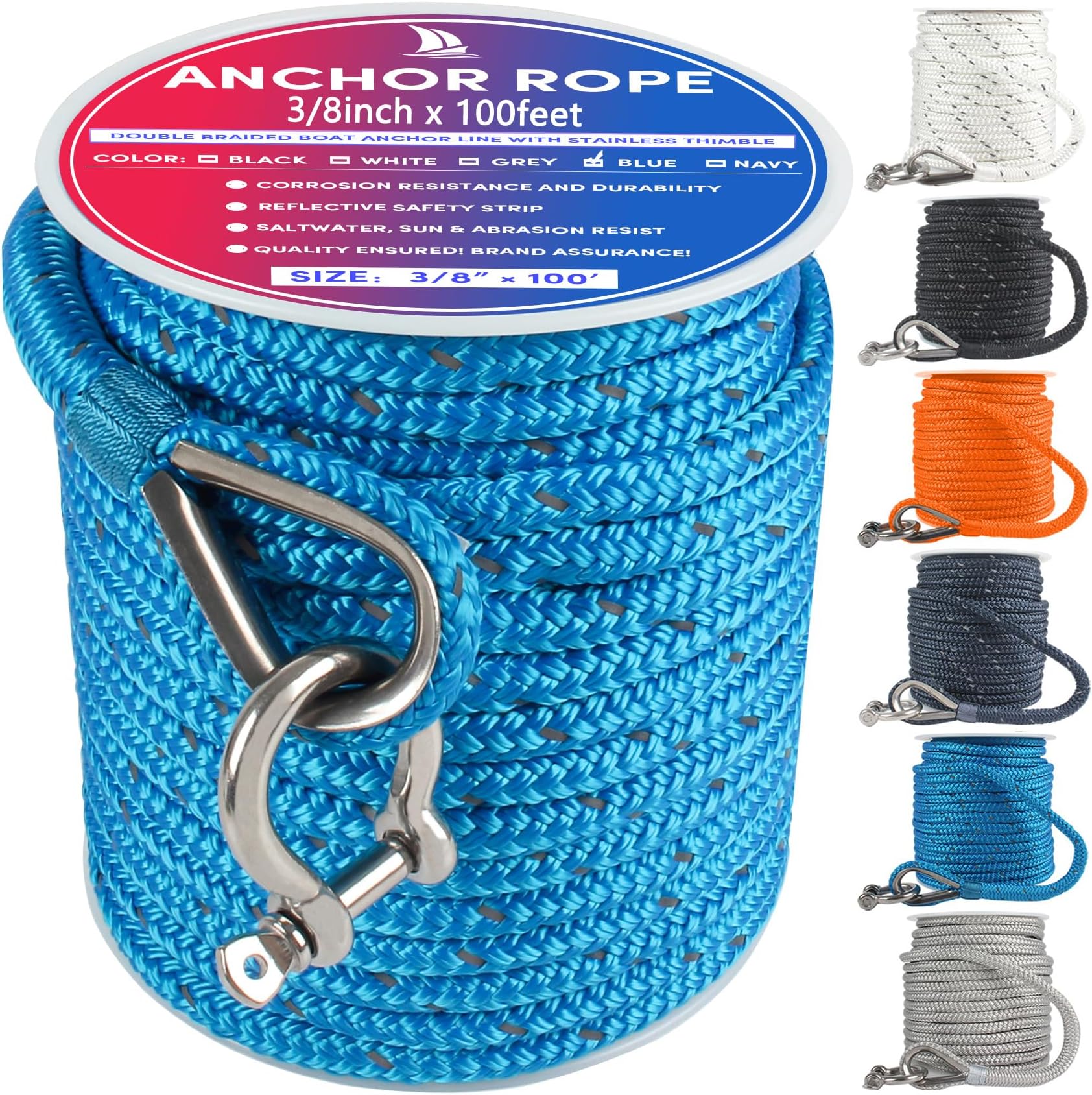 Amazon.com: VEITHI Anchor Rope 100 ft x 3/8 inch, Double Braided Anchor ...