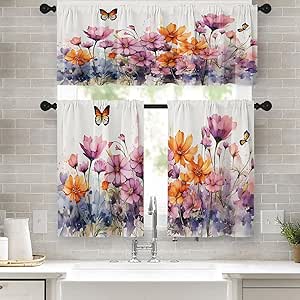 Amazon.com: Tayney Floral Kitchen Curtains Watercolor Window Curtains Valance and Tier Set 36 ...