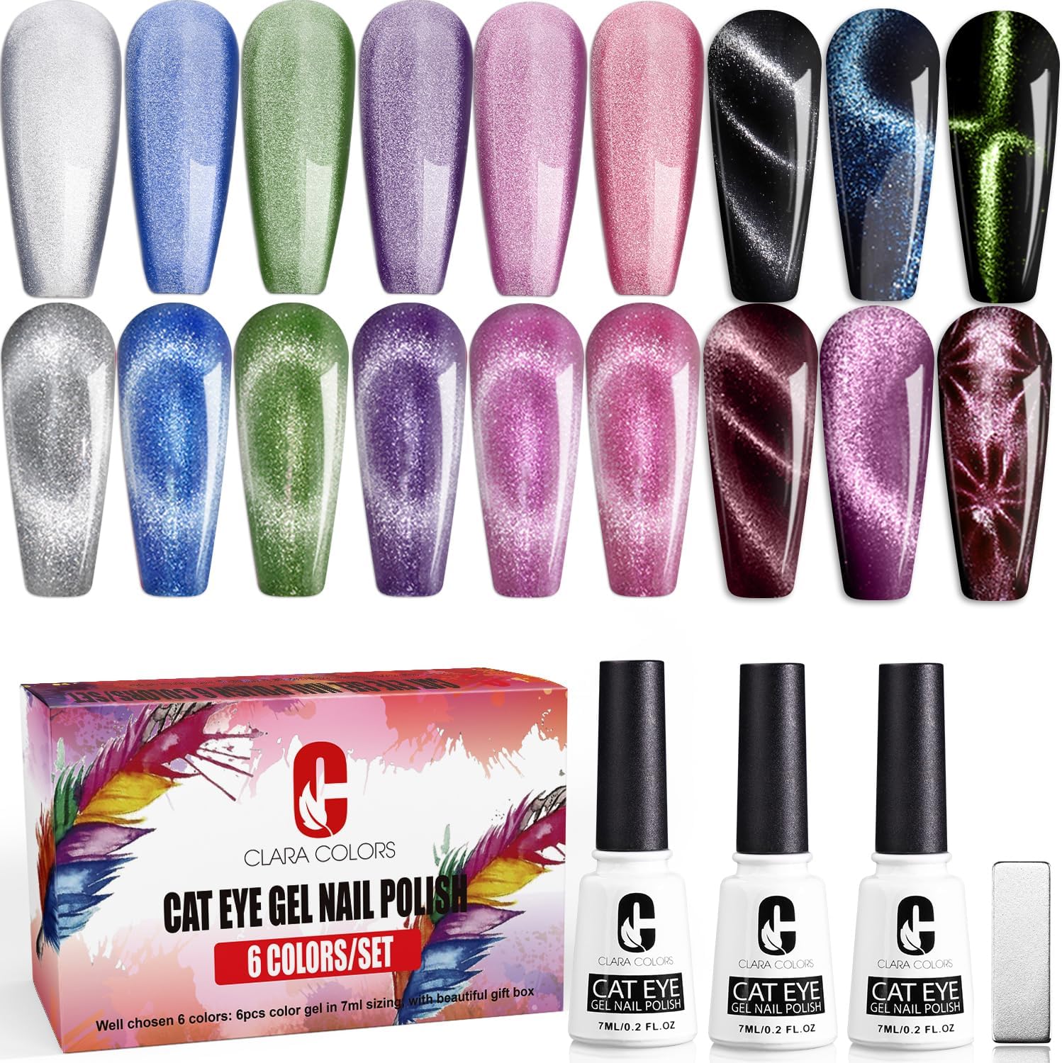 Clara Colors Lot de 6 vernis gel magnétiques pour les yeux de chat avec ...