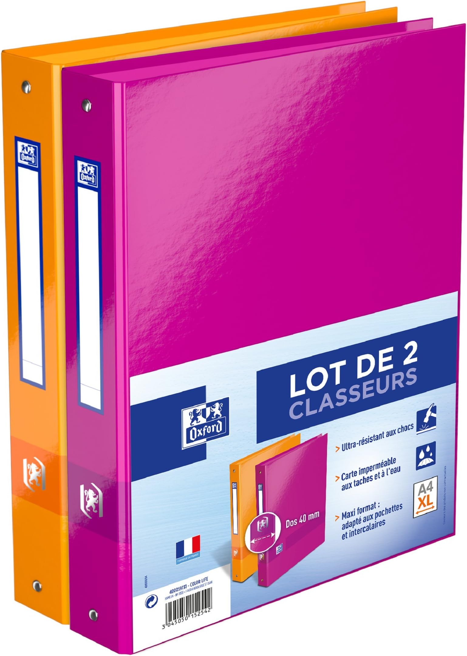 OXFORD Lot de 2 Classeurs A4 4 anneaux Dos 40mm Bicolor Recyc+ Couleurs ...