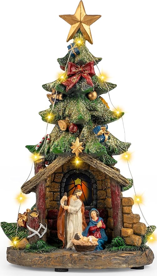 Amazon.com: Qualdout Christmas Tree Nativity Scene with Figurines LED ...