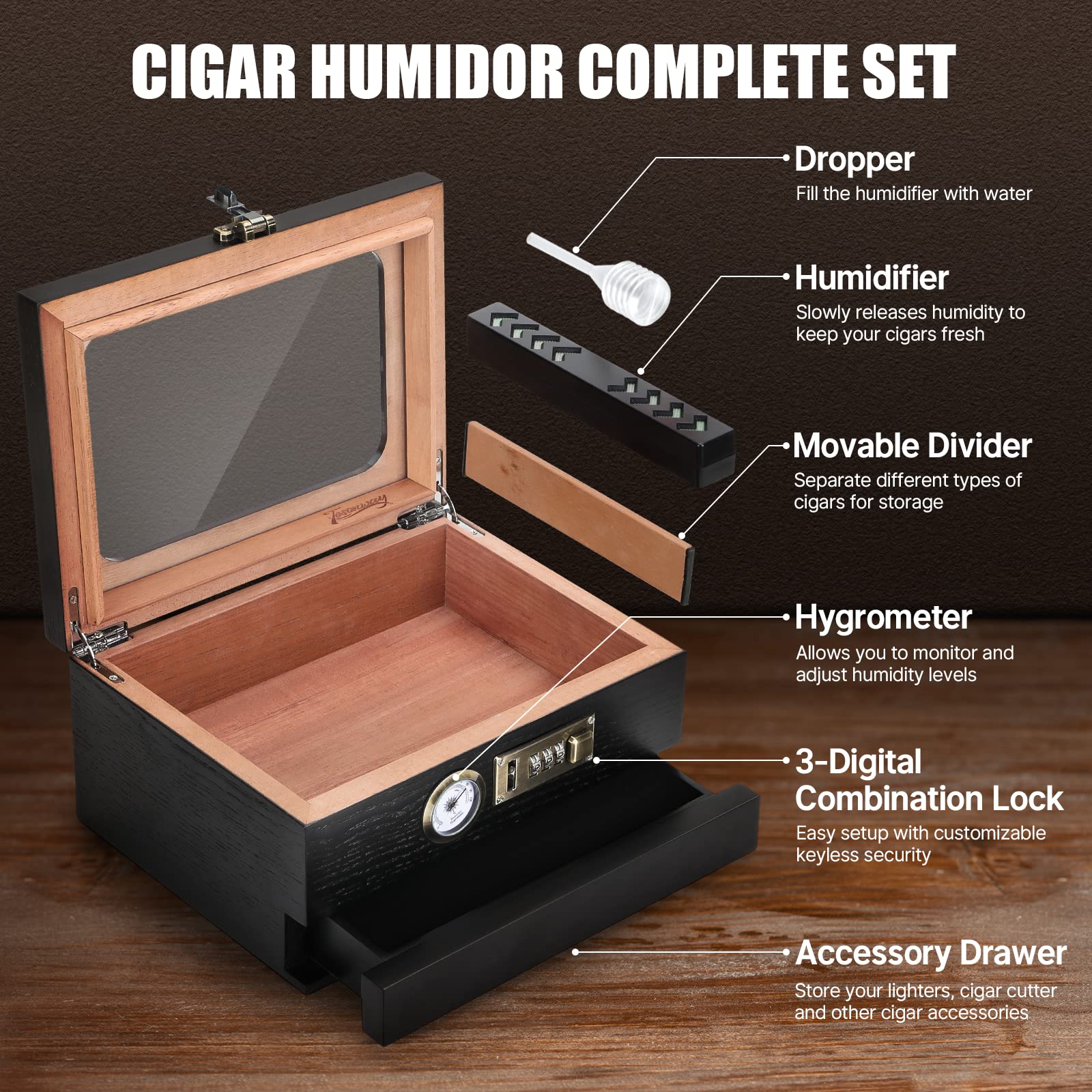Snapklik.com : Tesonway Cigar Humidor, Cedar Wood Humidor Cigar Box ...