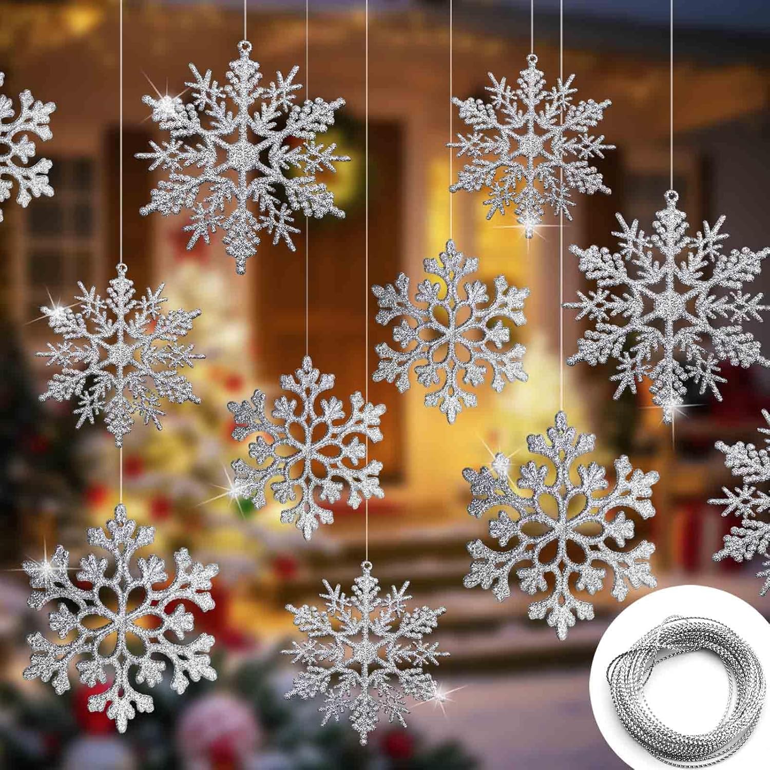 Amazon.com: 36pcs Christmas Silver Snowflake Ornaments Glitter Plastic ...