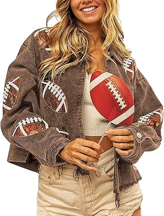 Amazon.com: Unilexi Womens Football Jacket Cropped Frayed Hem Corduroy ...