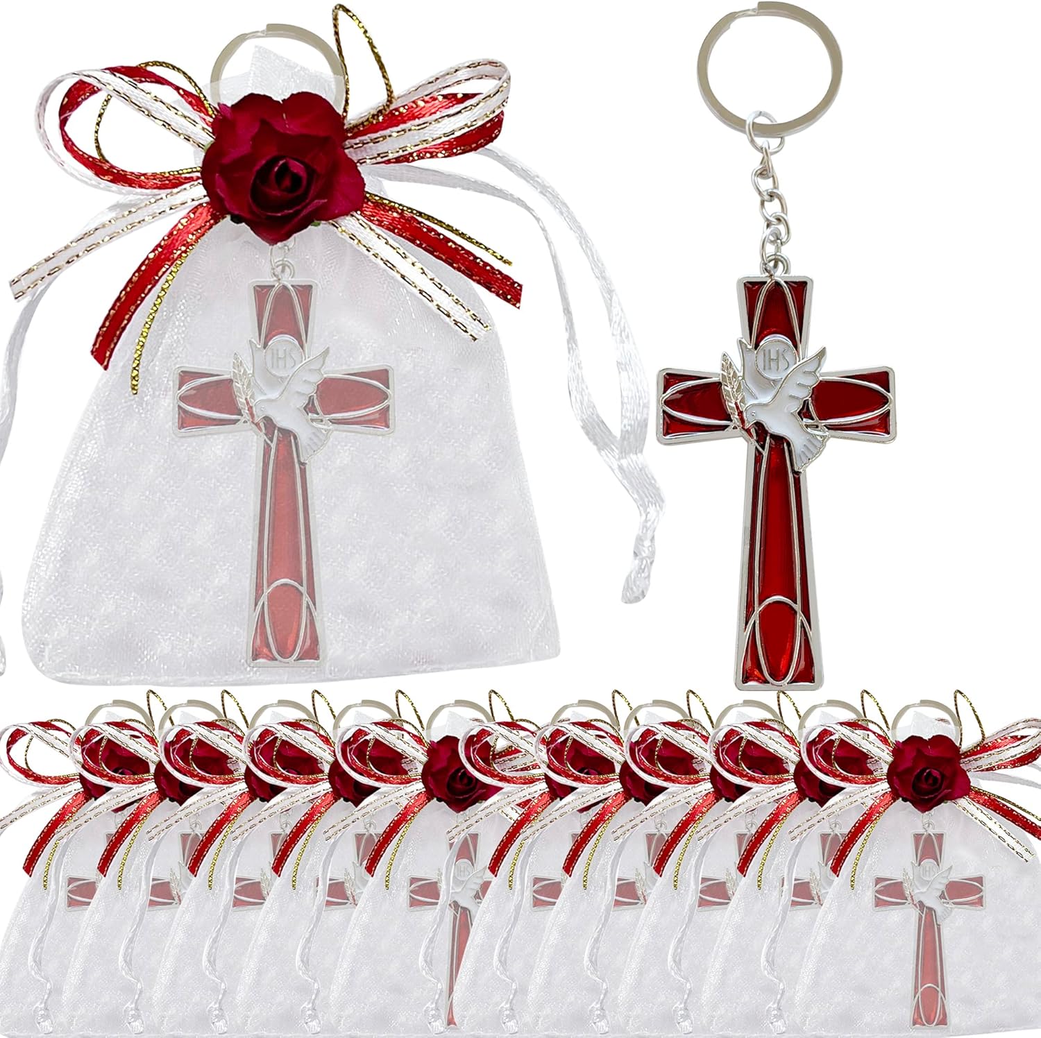 Amazon.com: WE 12 Pcs Cross and Dove Key Ring in Decorated Organza bag ...