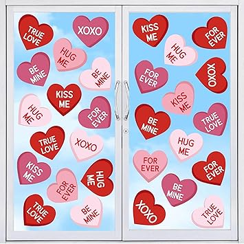 8 Sheets Valentines Day Heart Window Clings Red Pink Love Heart Window ...