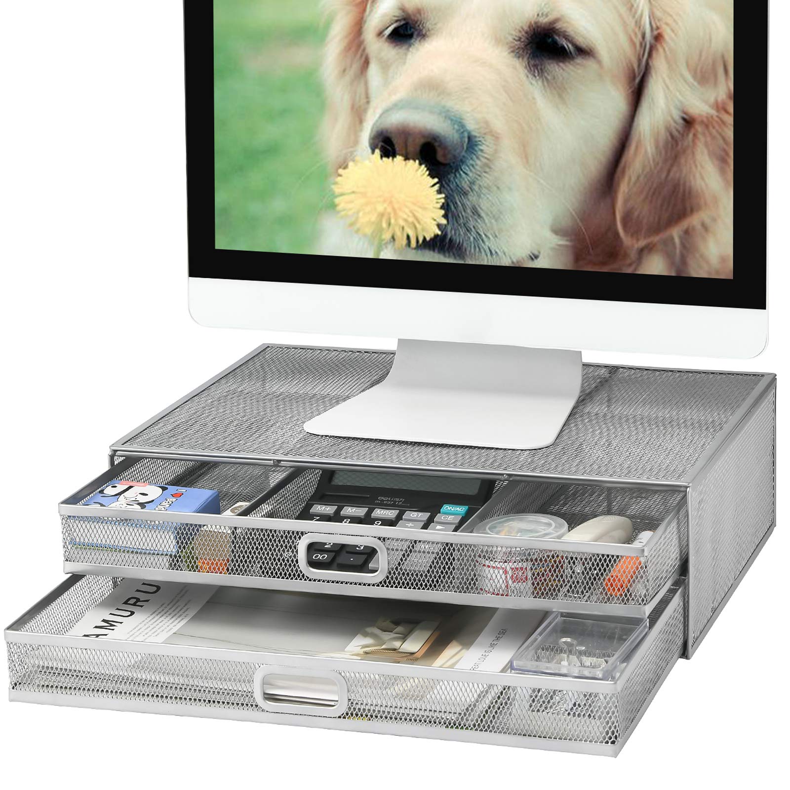 Buy Monitor Stand Riser with Drawer - Metal Mesh Desk Organizer with ...