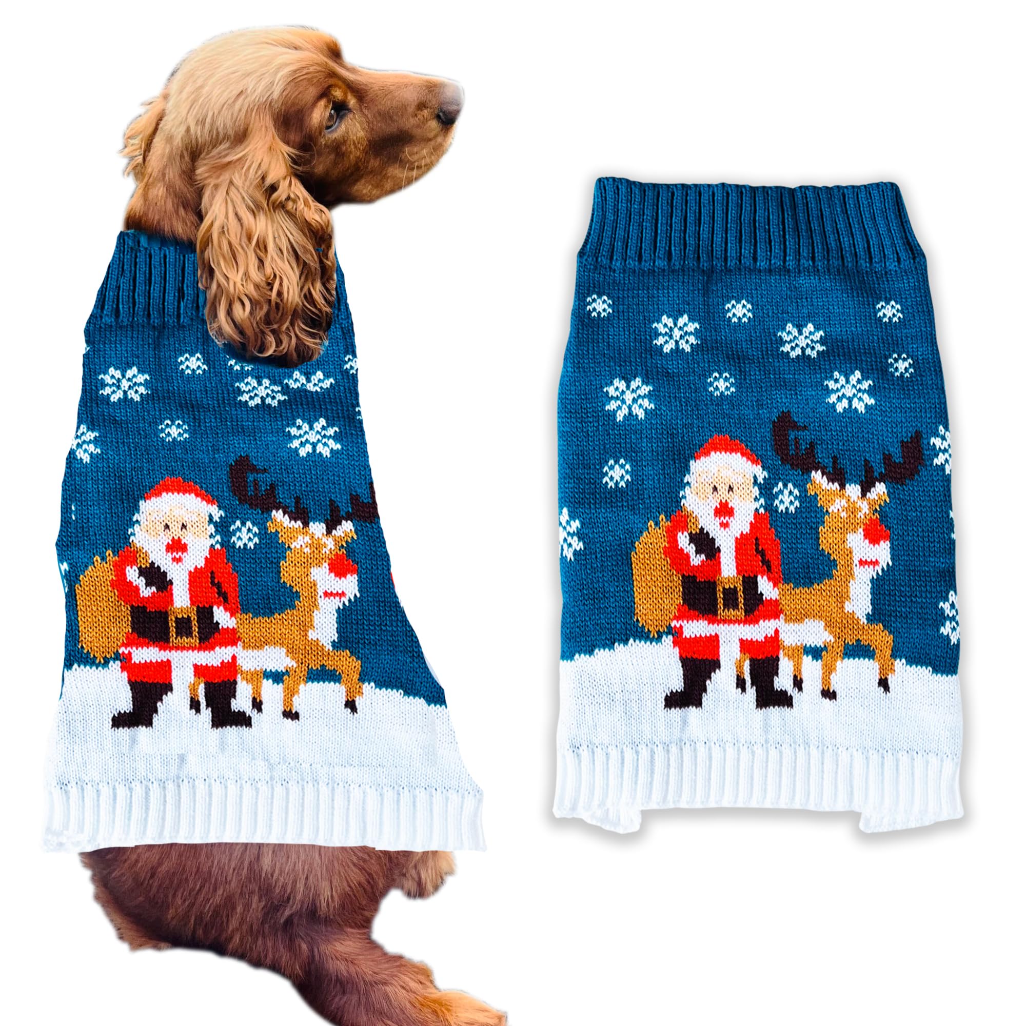 Christmas Dog Jumper Blue with Santa and Reindeer XXL Winter Sweater ...