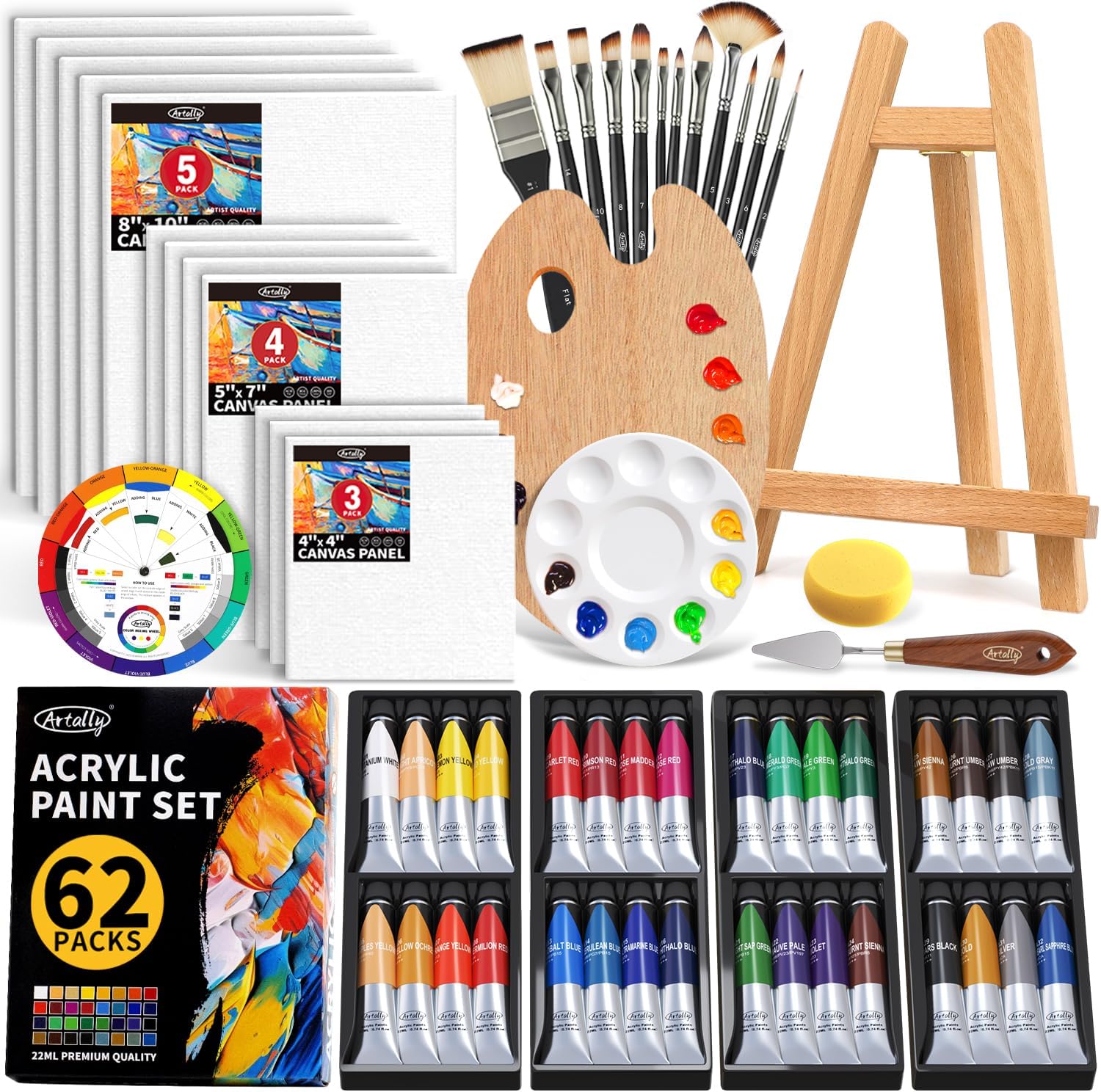 ARTALLY Acrylic Paint Set, 62 Pcs Canvas Painting Kits, 32 Colors ...