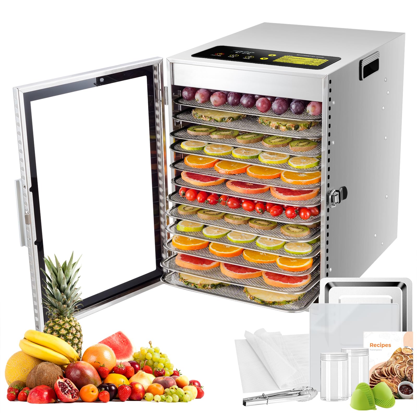 Kwasyo Food Dehydrator Machine, 12 Trays ALL Stainless Steel, Dual fan ...