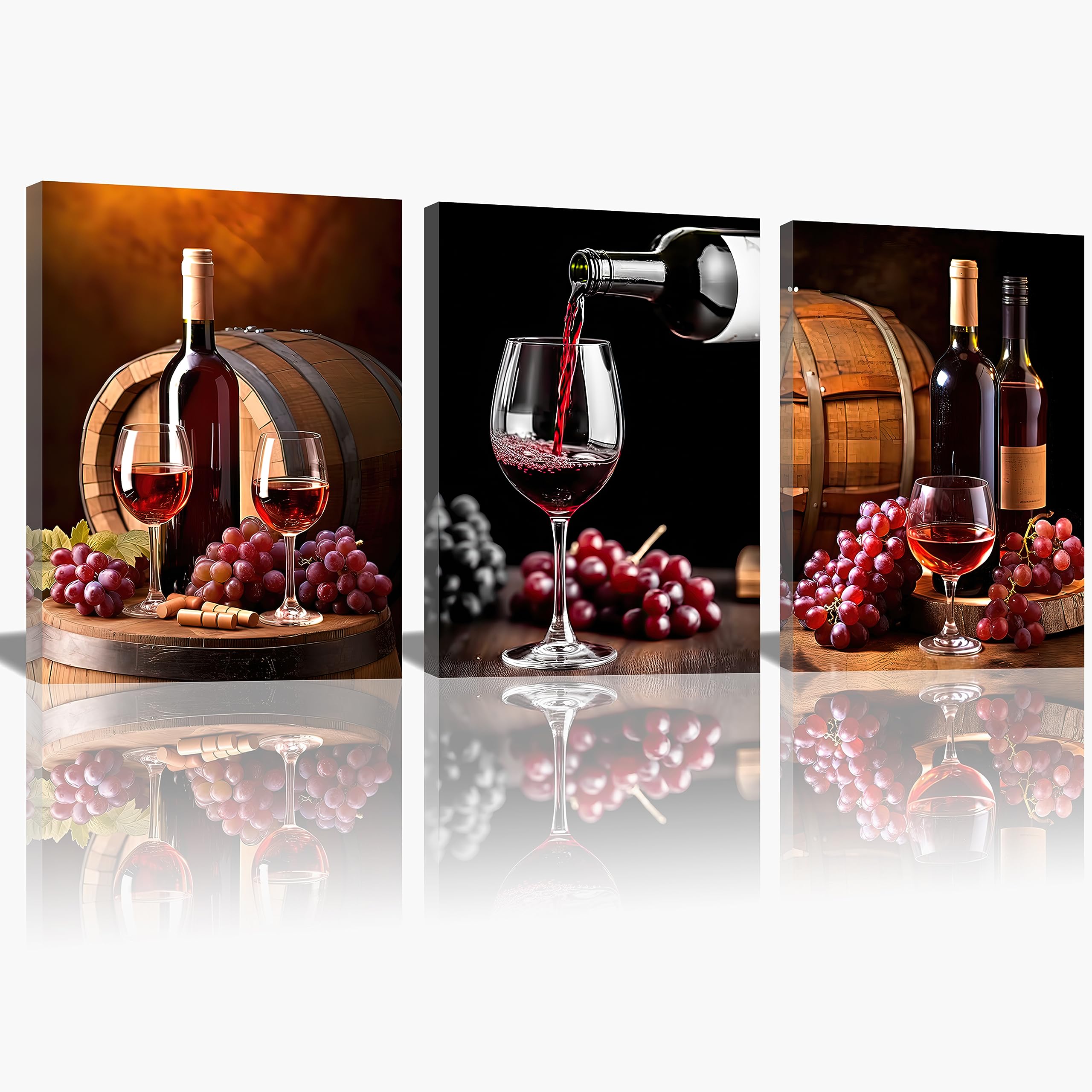 Amazon.com: QIXIANG Kitchen Canvas Wall Art 3 Pieces Red Wine Grape Glass Wood Barrel Pictures ...