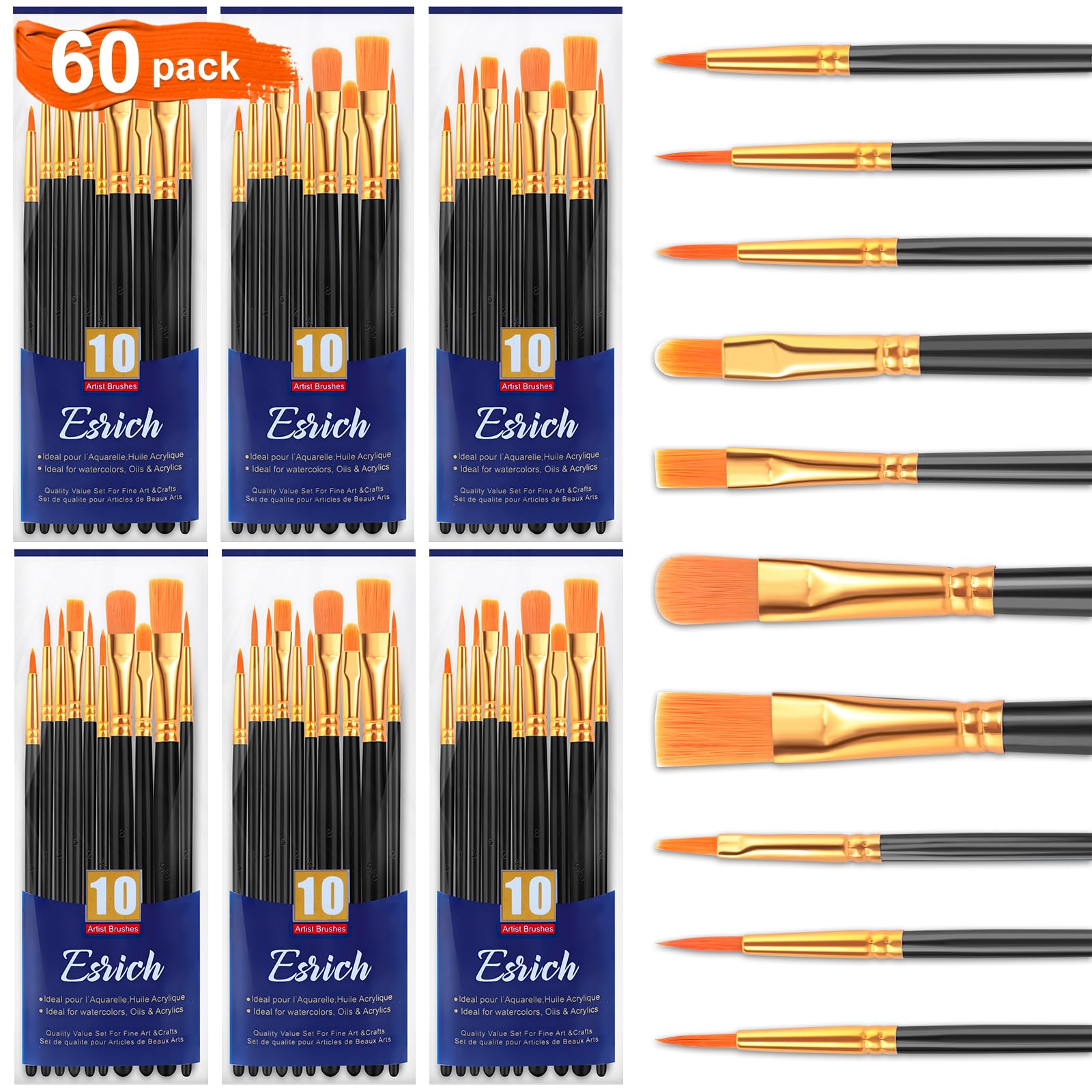 Amazon.com: ESRICH Acrylic Brush Set, 6Packs/ 60Pcs Nylon Hair ...