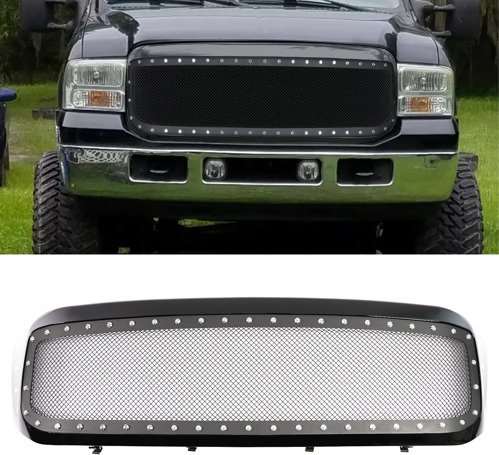 Amazon.com: VAVICARS Front Grill Grille Glossy Black Steel Mesh Rivet ...