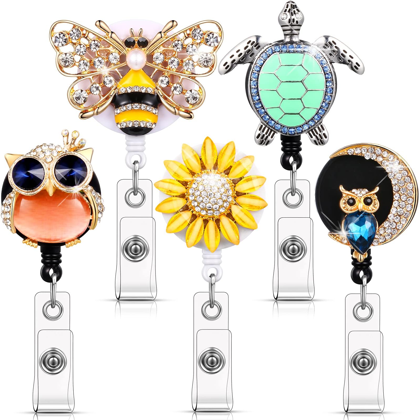 Amazon.com : Outus 5 Pieces Crystal Badge Reels Retractable Rhinestone ...