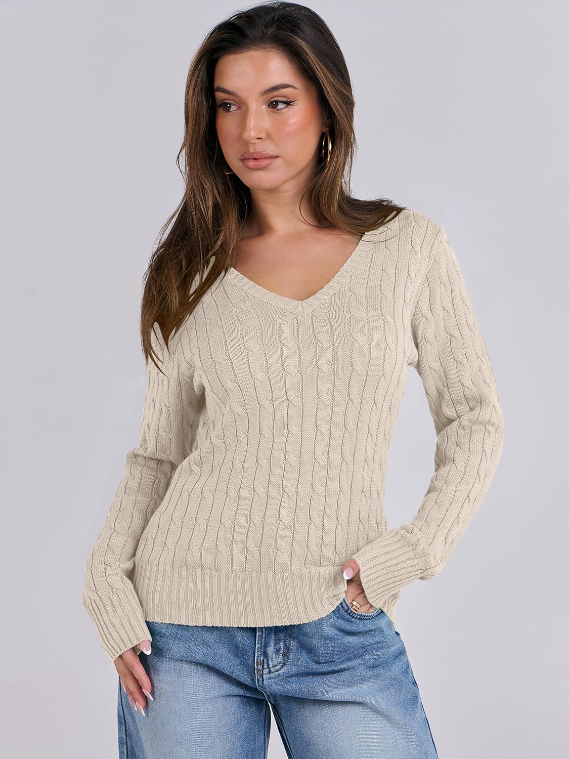 ANRABESS Women's Long Sleeve V Neck Cable Knit Sweater Jumper 2025 ...