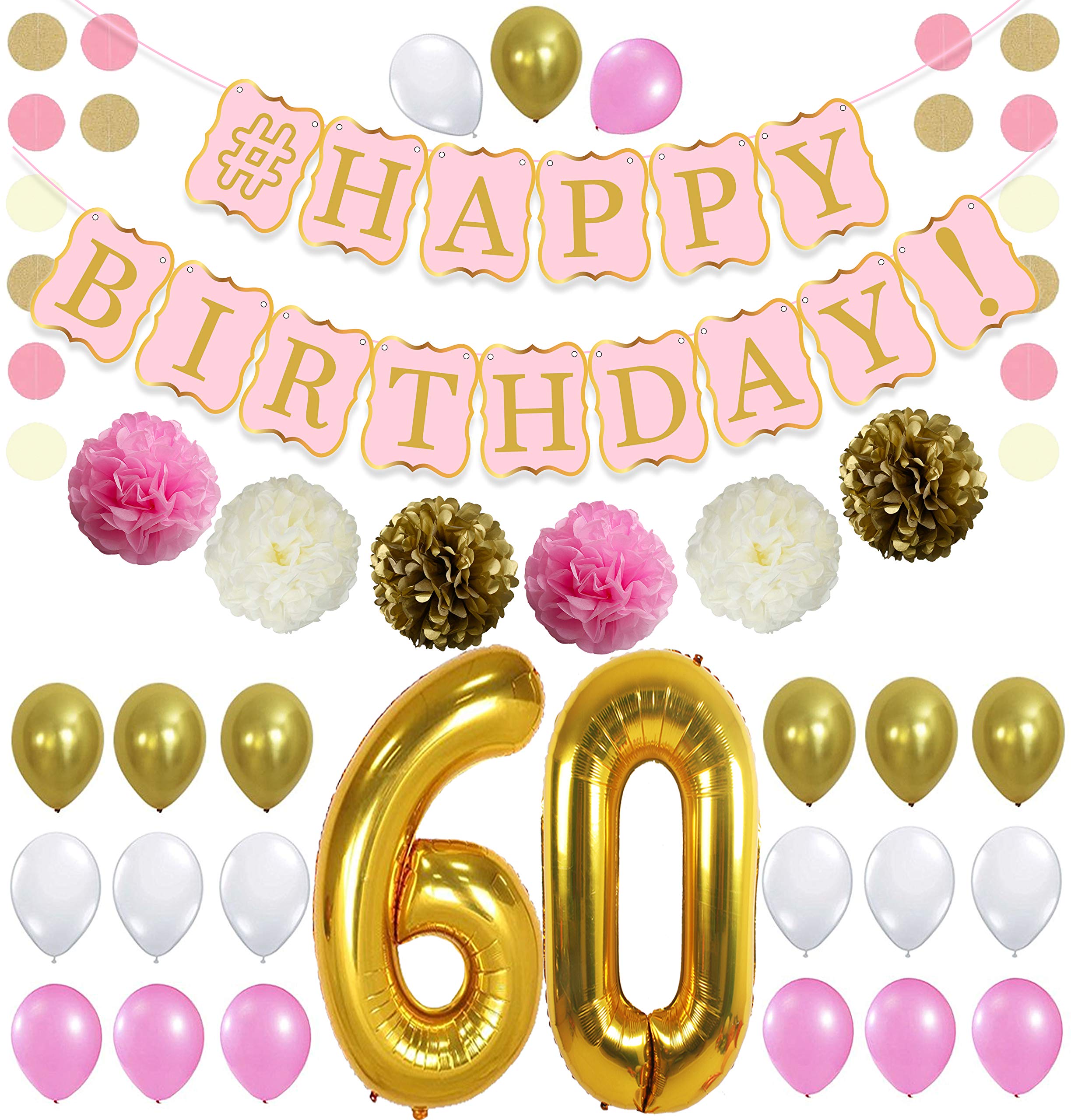 Buy 60th Birthday Decorations for Women - Large, 40 Inch | Pink Happy ...