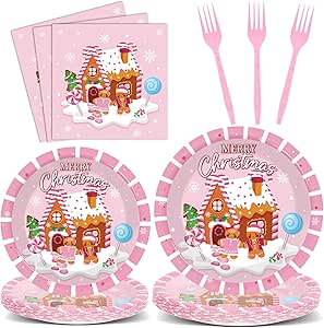 Amazon.com: 96 Pcs Christmas Gingerbread Party Supplies - Pink Gingerbread House Decorations ...