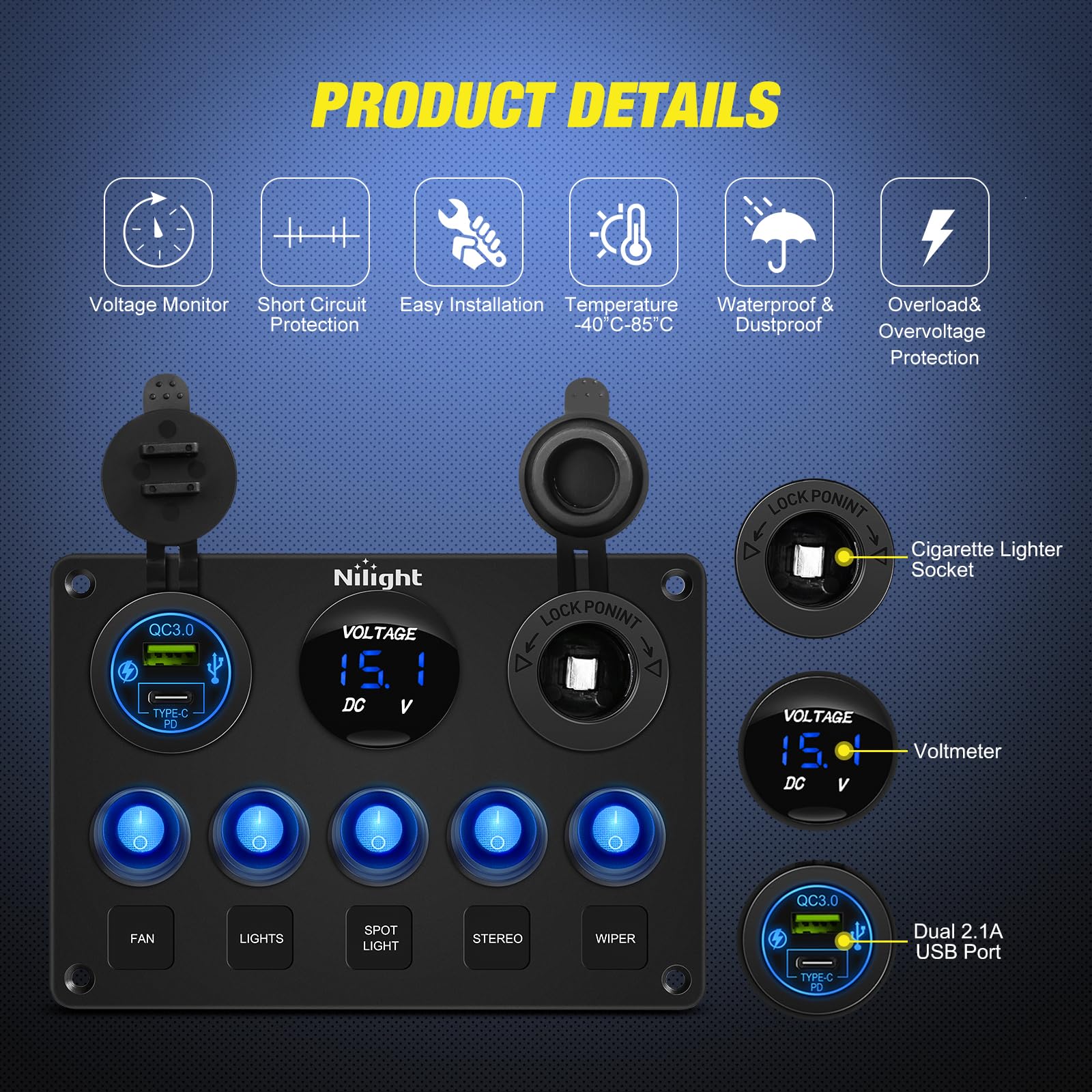 Snapklik.com : Nilight 5 Gang Multi Function Waterproof Switch Panel PD ...