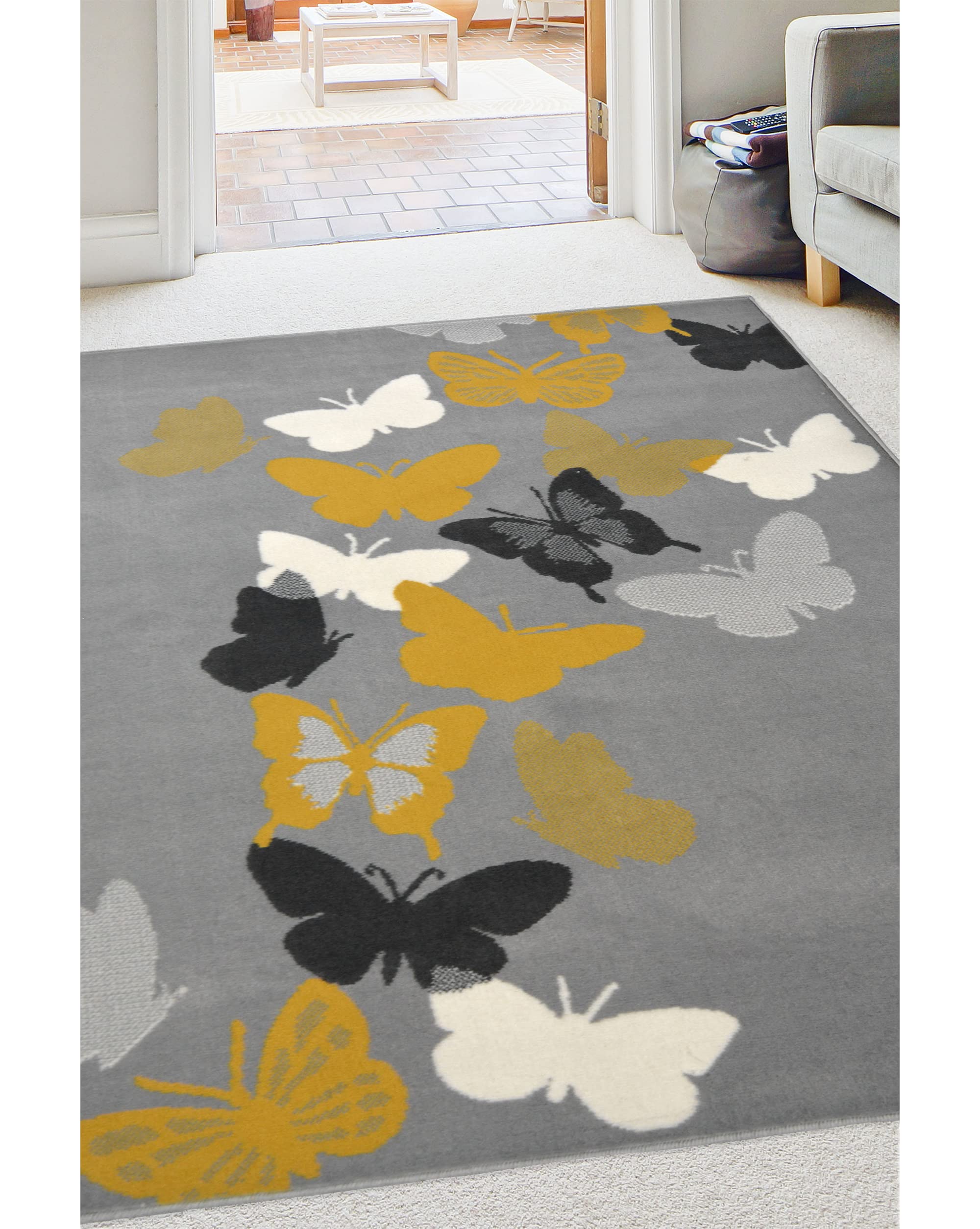 Modern Style Rugs Colourama butterfly rug- grey yellow, short pile rug ...