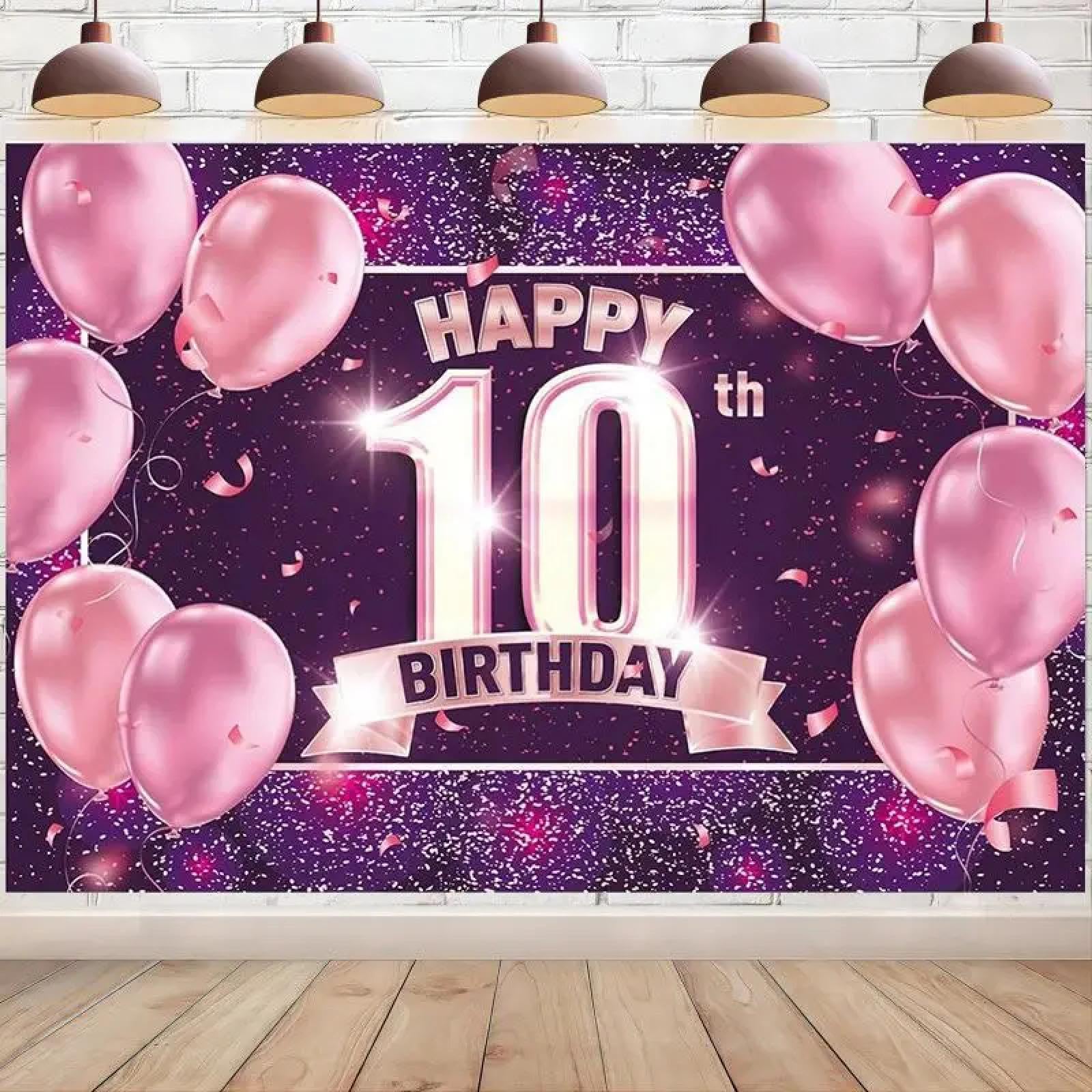 Amazon.com : Happy 10th Birthday Backdrop Pink Purple Gold 10 Years Old ...