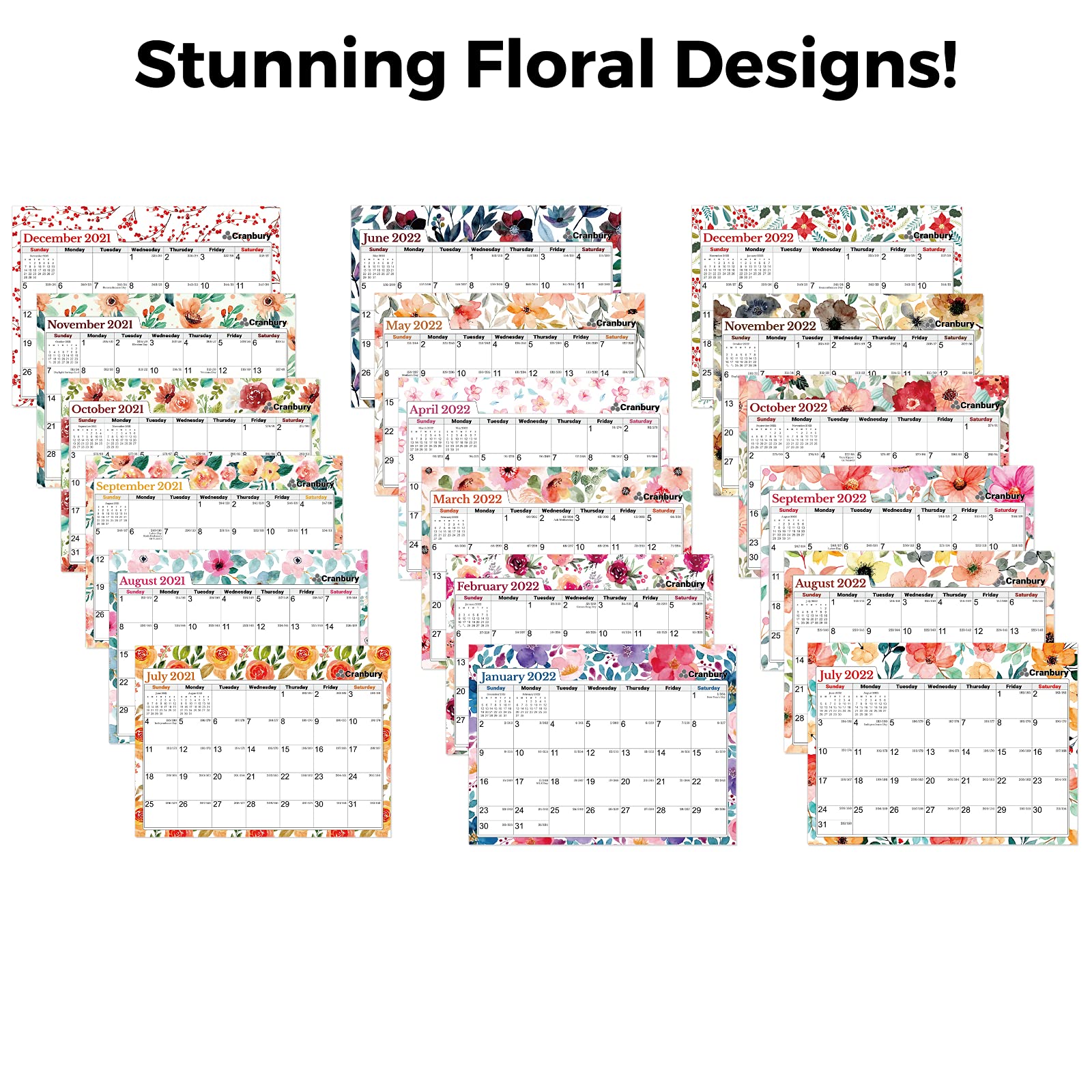 CRANBURY Small Wall Calendar 2022 2023 - (Floral) Gorgeous 8x6" Mini ...