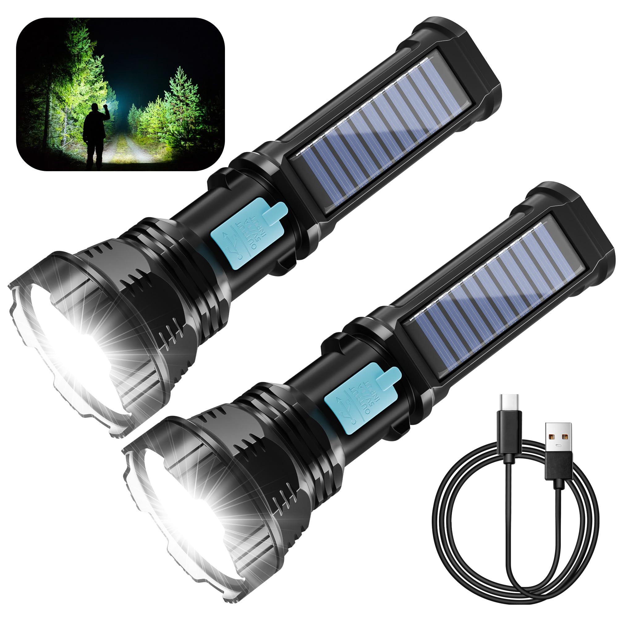 Rumiom Solar/Rechargeable LED Flashlight 2 Pack, 4 Modes Multi Function ...