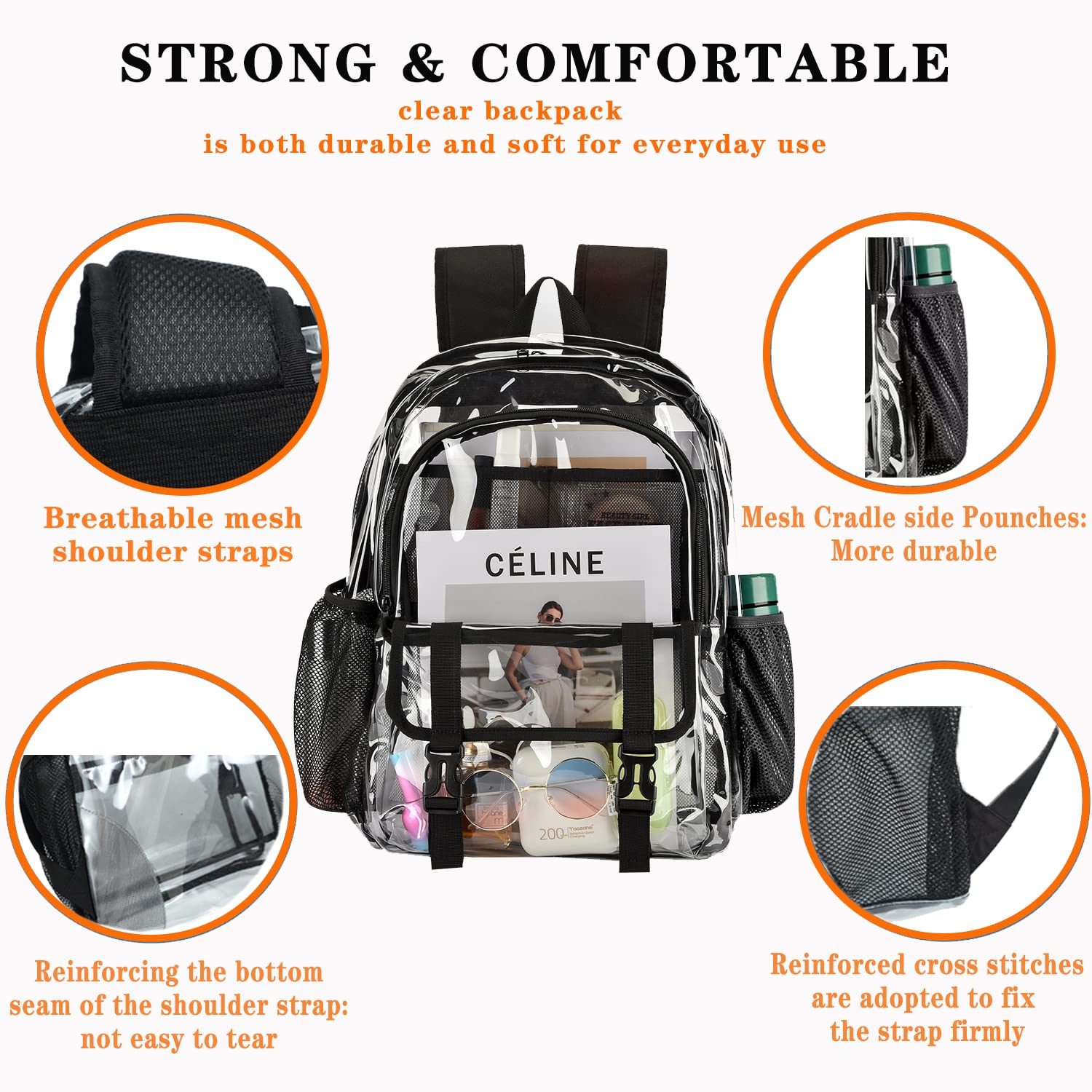 Snapklik.com : Clear Backpack, Large Clear Bag Stadium Heavy Duty PVC ...