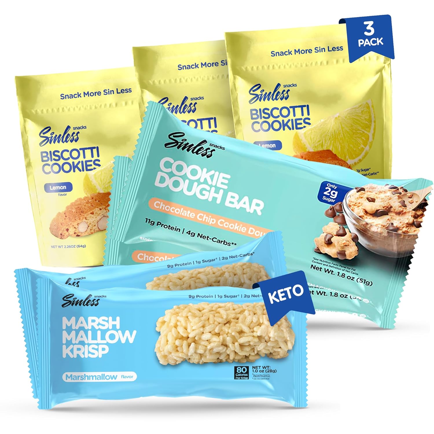 Amazon.com: Sinless Snacks Marsh Mallow Krisp, Chocolate Chip Cookie ...