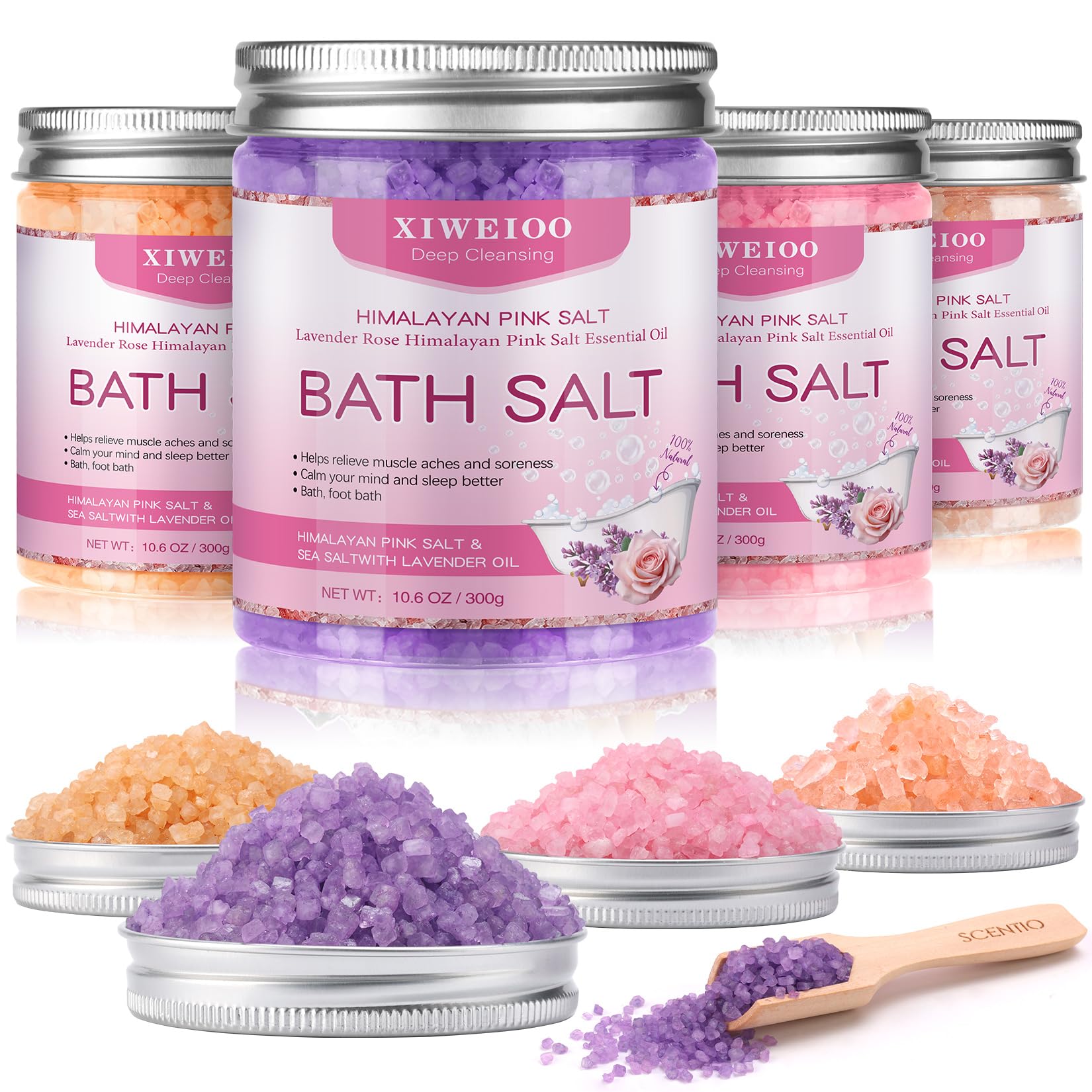 Amazon.com: XIWEIOO 4 Pack Kit Bath Salts for Soaking Himalayan Pink Salt Lavender Orange Rose ...