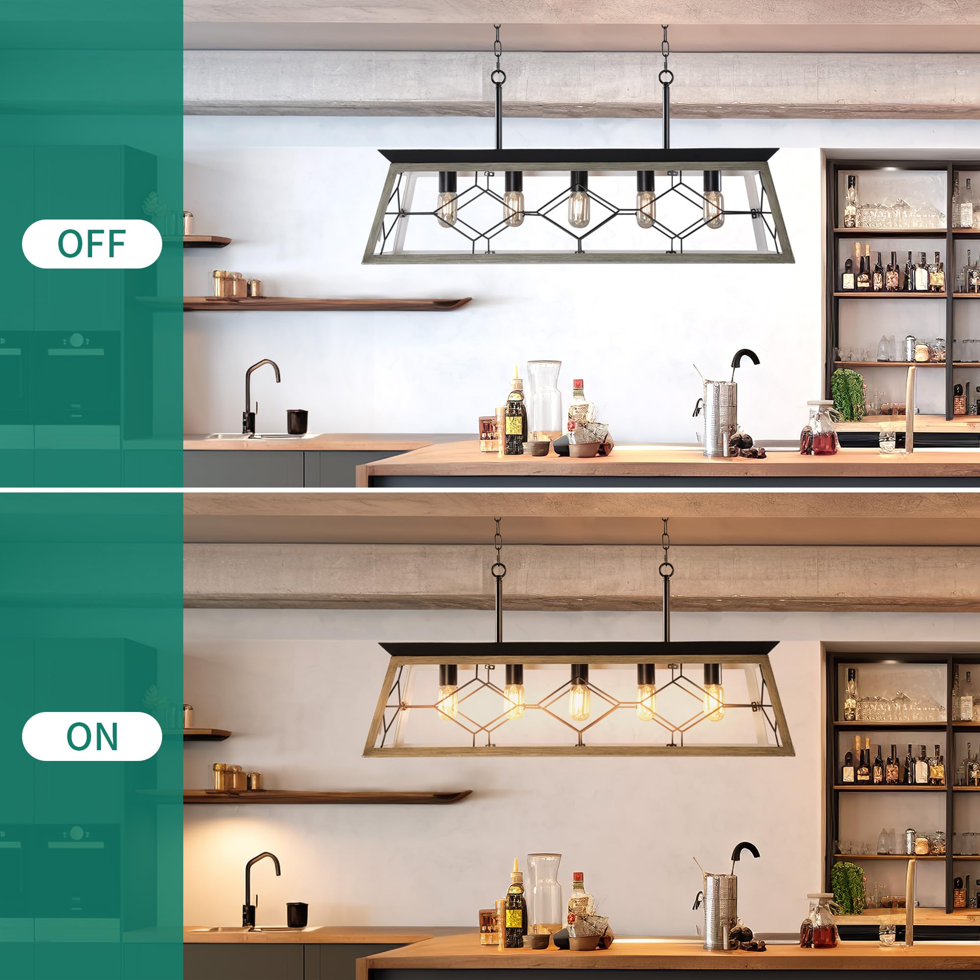 Snapklik.com : Farmhouse Rustic Chandelier Adjustable, 5 Lights Rectangular Island Pendant Light ...