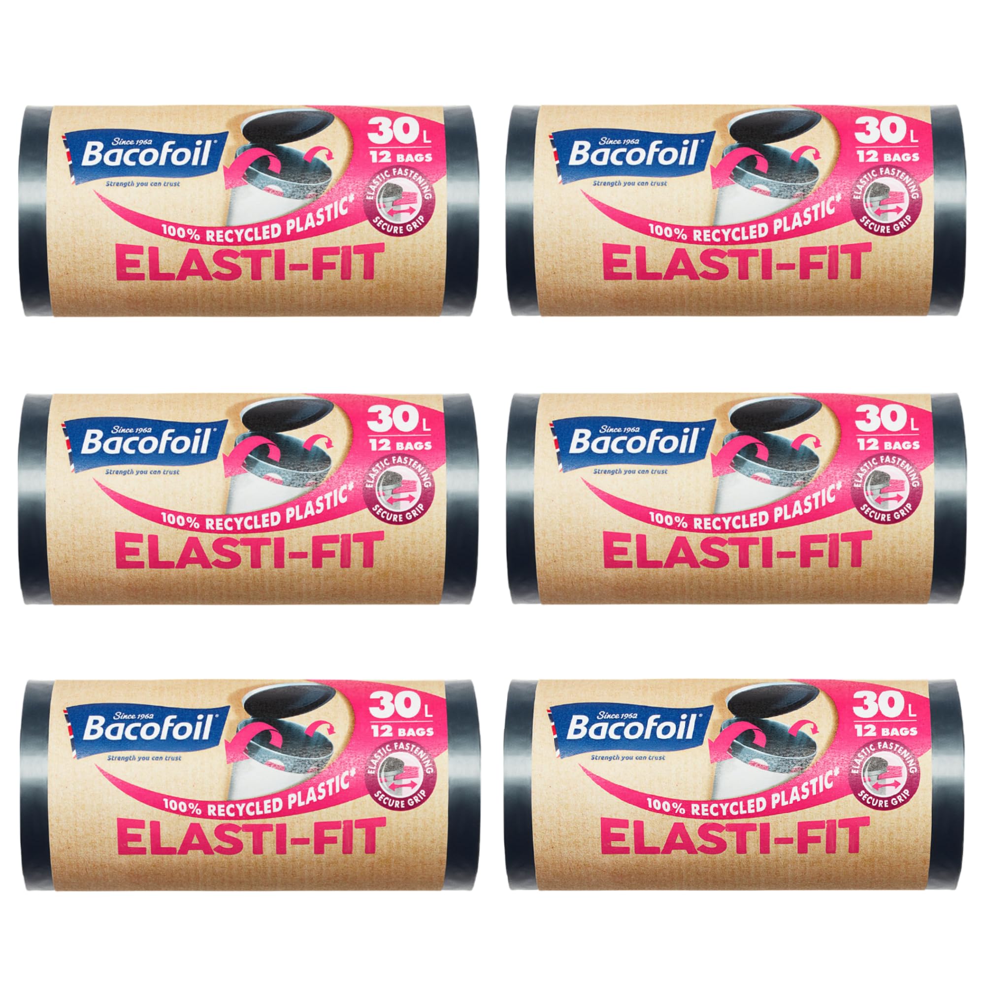Bacofoil Elasti-Fit Bin Liners - 30L Recycled bin bags, 6 Rolls (72 ...