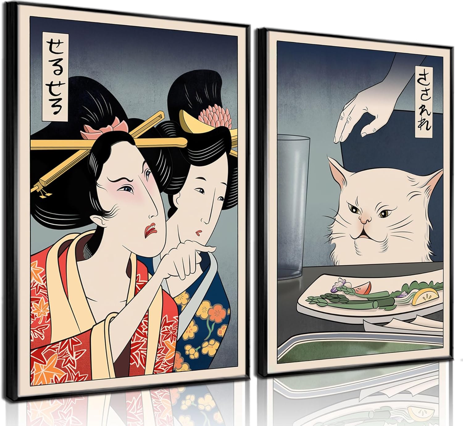 Amazon.com: 2Pcs Cute Funny Japanese Cat Wall Art Woman Yelling at Cat ...