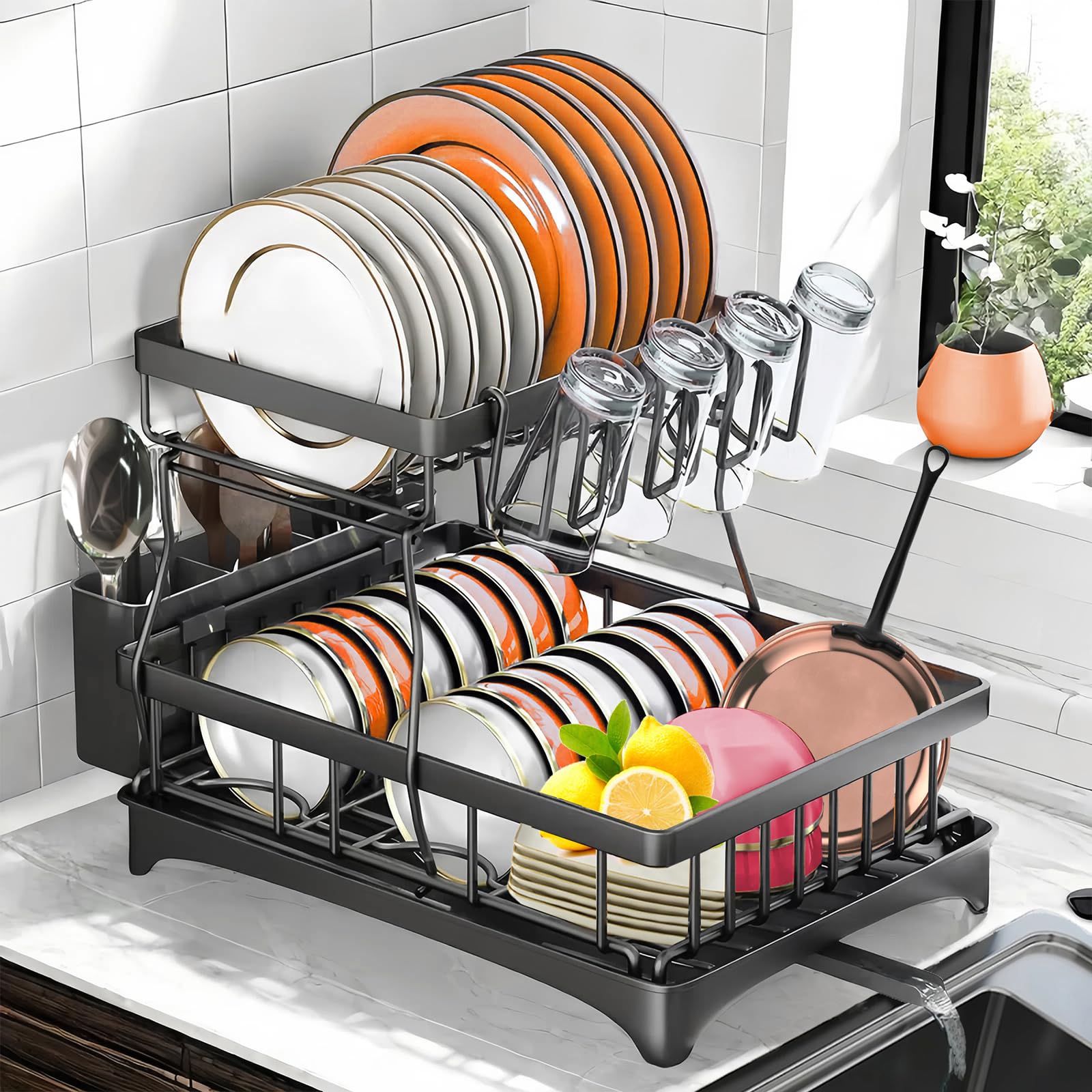 Raine Dish Drainer Rack, 2 Tier Dish Drying Rack with Drip Tray ...