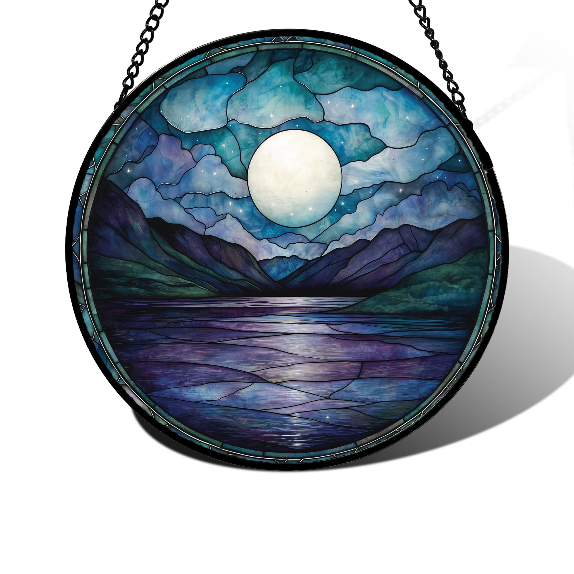 Amazon.com: DASTOLL Stained Glass Window Hanging, Blue Night Moon Lake Sun Catchers Colorful ...