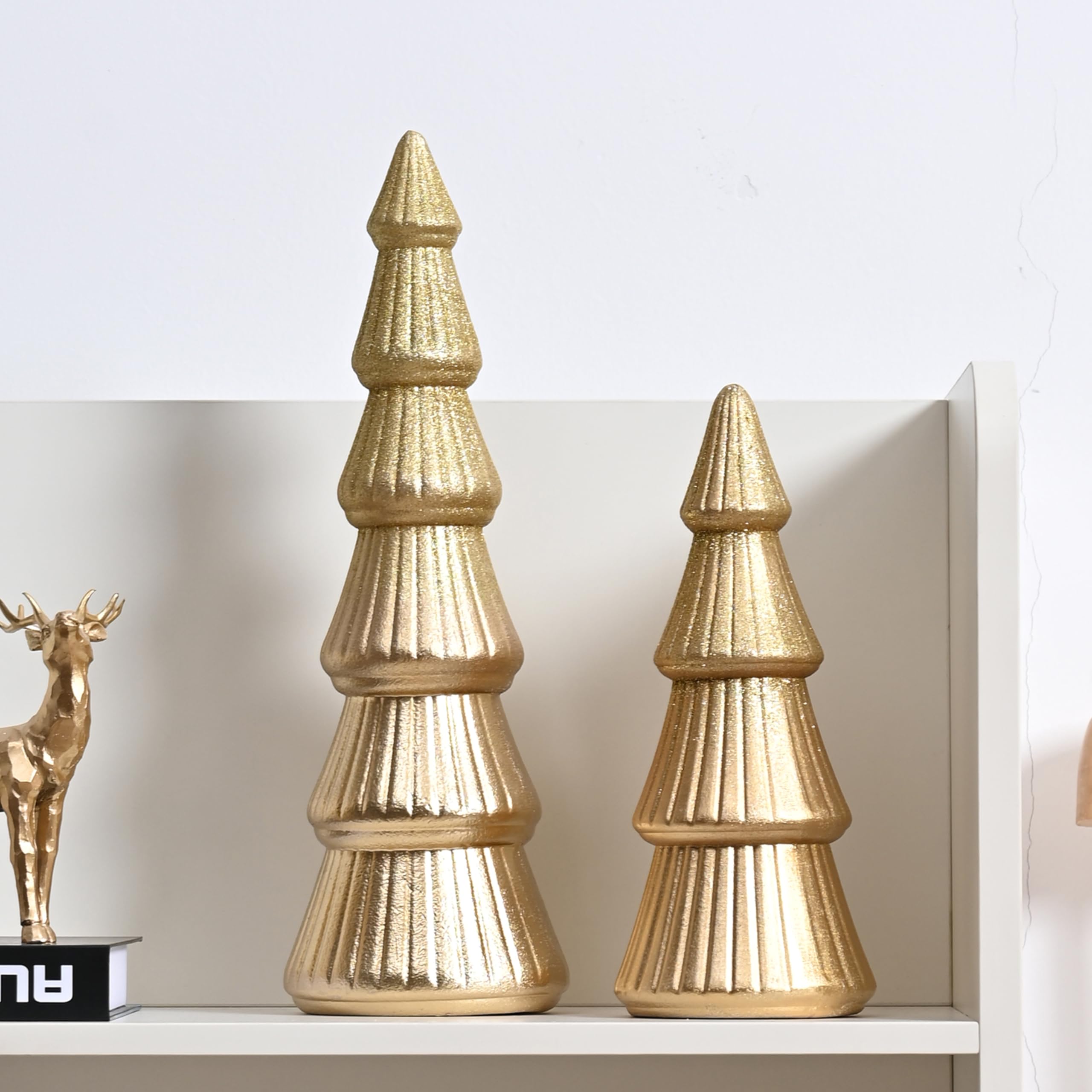 Amazon.com: AOMOONOA Wooden Christmas Tree Figurine, 2Pcs Gold Tree ...