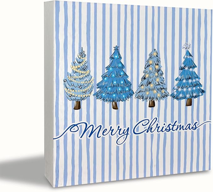 Amazon.com: KEUSPI Blue Merry Christmas Tree Wooden Box Sign, Blue ...